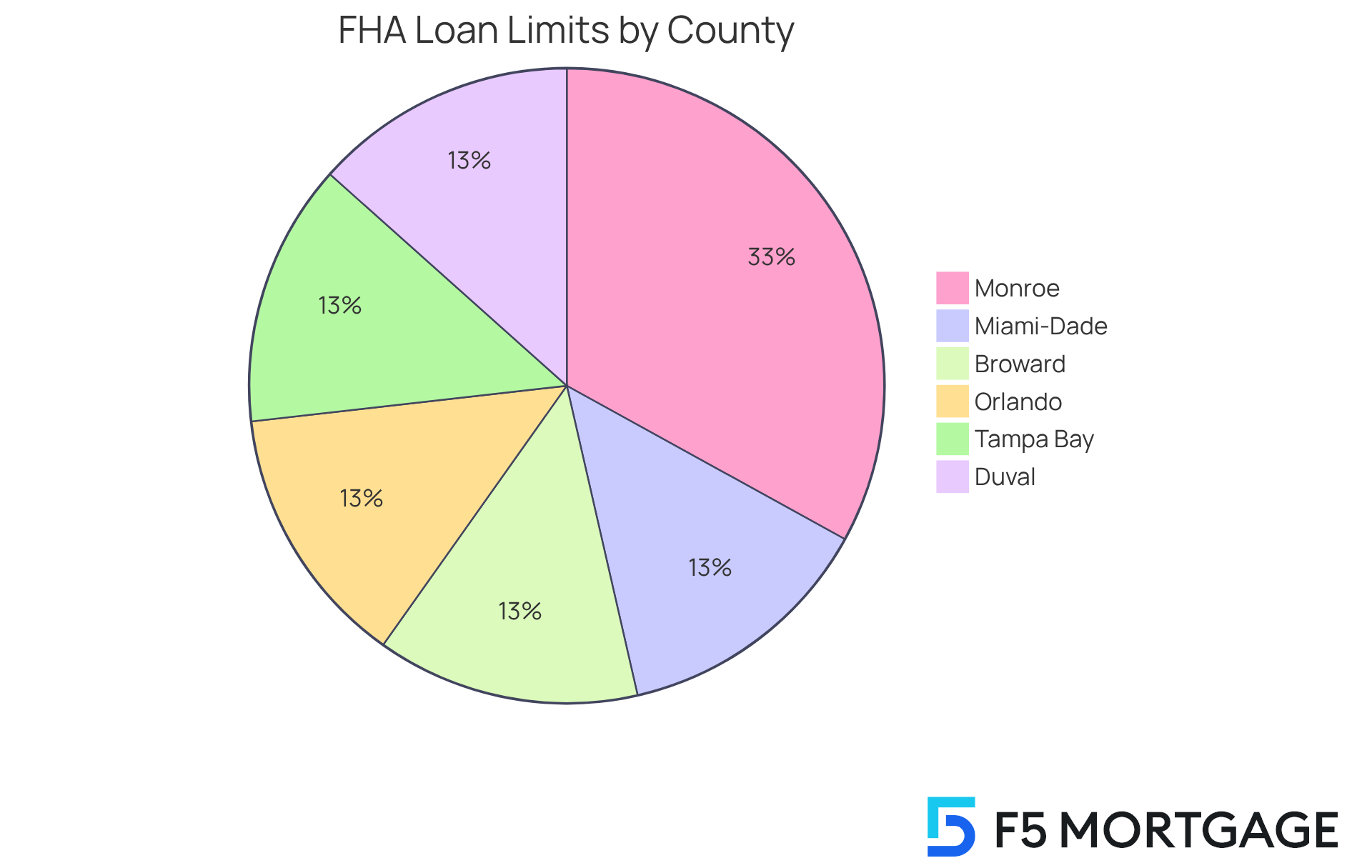 Each slice of the pie shows the FHA loan limit for a specific county. The larger the slice, the higher the loan limit for that area. Standard limits are grouped together, while Monroe County's higher limit is shown separately to emphasize its significance.