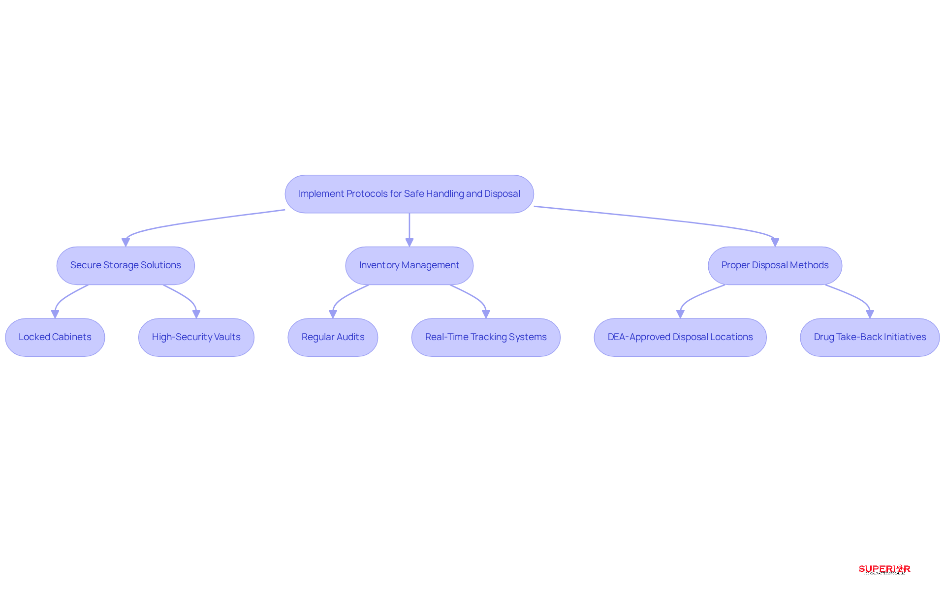 Follow the arrows to see the steps healthcare establishments should take to ensure safe handling and disposal. Each section represents a critical part of the process, from securing materials to managing inventory and disposing of substances properly.