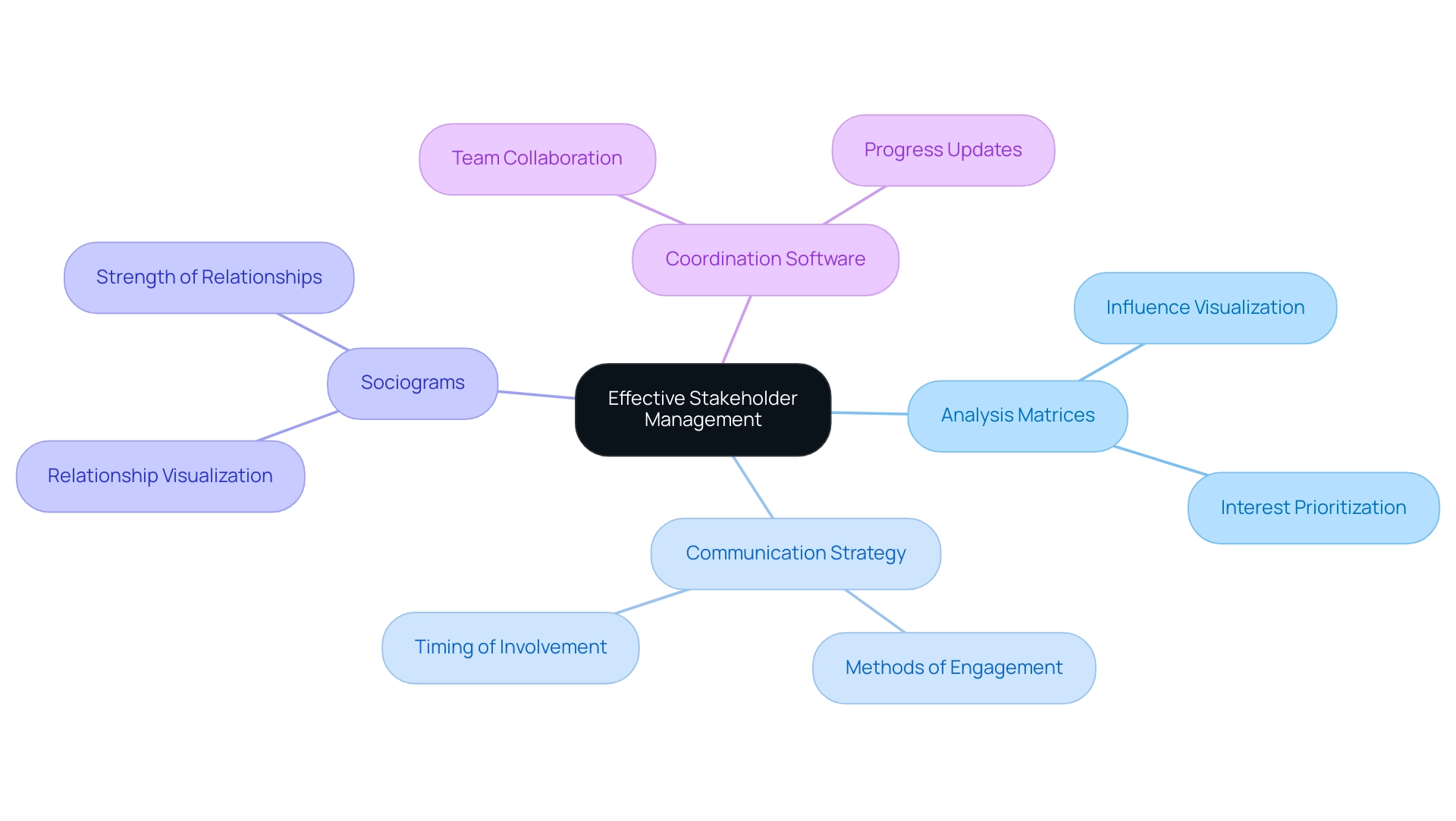 Each branch represents a key tool or technique for stakeholder management, with sub-branches illustrating specific functions or applications.