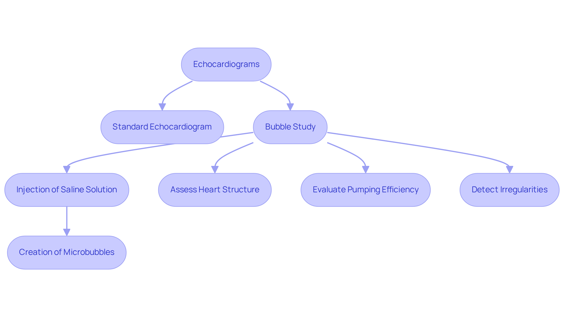 This flowchart outlines how echocardiograms and bubble studies work. Start at the top with echocardiograms, then follow the arrows to see how they branch into standard tests and specialized bubble studies, leading to important diagnostic outcomes.