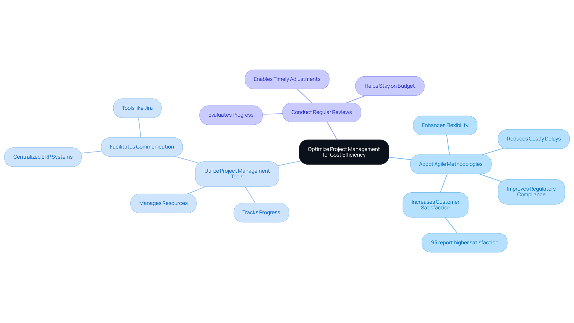 The central node represents the main goal of optimizing project management. Each branch shows a strategy that contributes to this goal, with further details available in the sub-branches. This layout helps you see how different strategies connect to the overall objective.