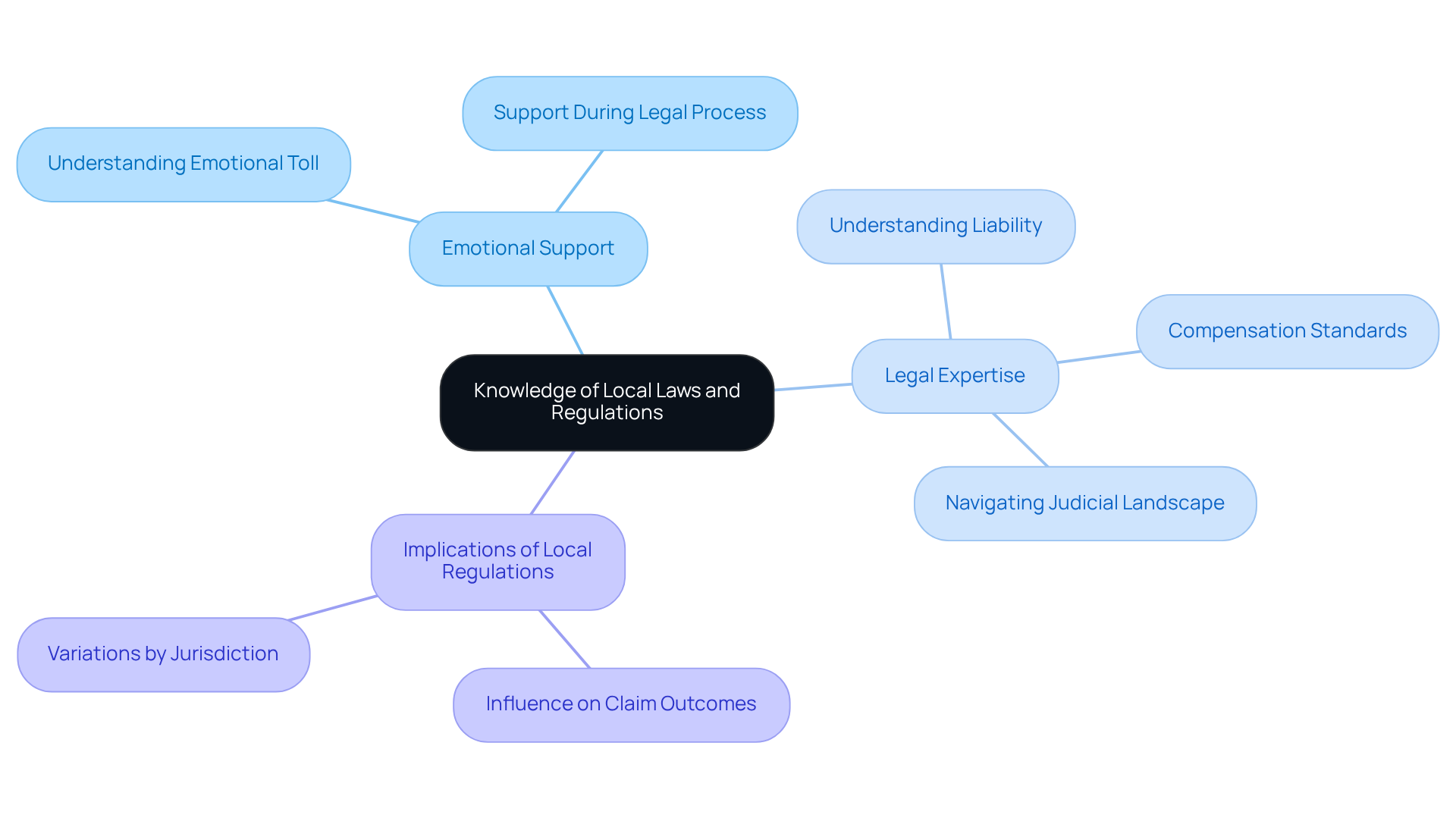 The center represents the importance of local legal knowledge. Each branch shows how this knowledge impacts emotional support, legal expertise, and the implications for your case. Follow the branches to see how these elements connect.