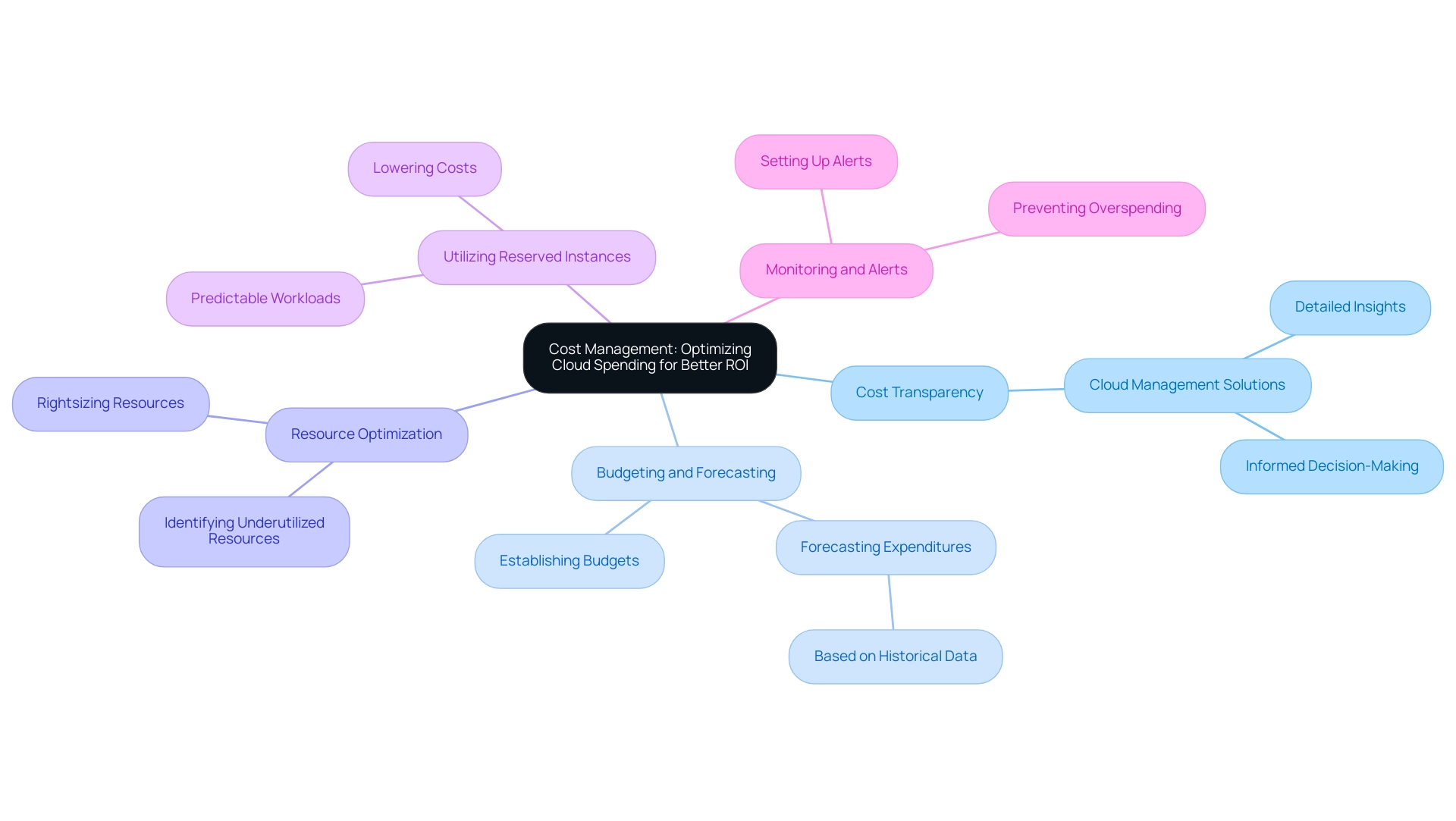 The central node represents the main topic, with branches representing key strategies for optimizing cloud spending.