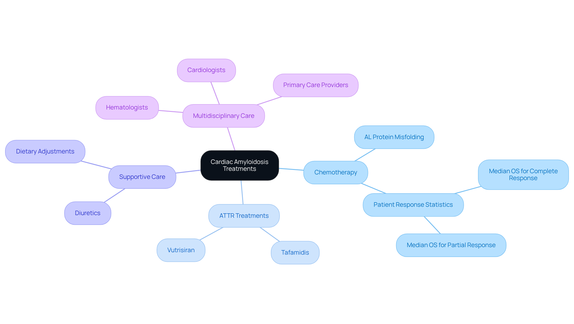 The central idea is the treatment for cardiac amyloidosis, branching out into different categories that show how various approaches and healthcare professionals contribute to patient care.