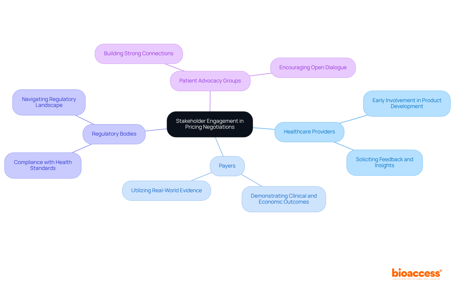 The central node represents the main theme of stakeholder engagement. Each branch shows a key stakeholder group, and the sub-branches provide strategies or insights related to engaging those stakeholders. This layout helps you see how different entities contribute to successful pricing negotiations. The central node represents the main theme of stakeholder engagement. Each branch shows a key stakeholder group, and the sub-branches provide strategies or insights related to engaging those stakeholders. This layout helps you see how different entities contribute to successful pricing negotiations.
