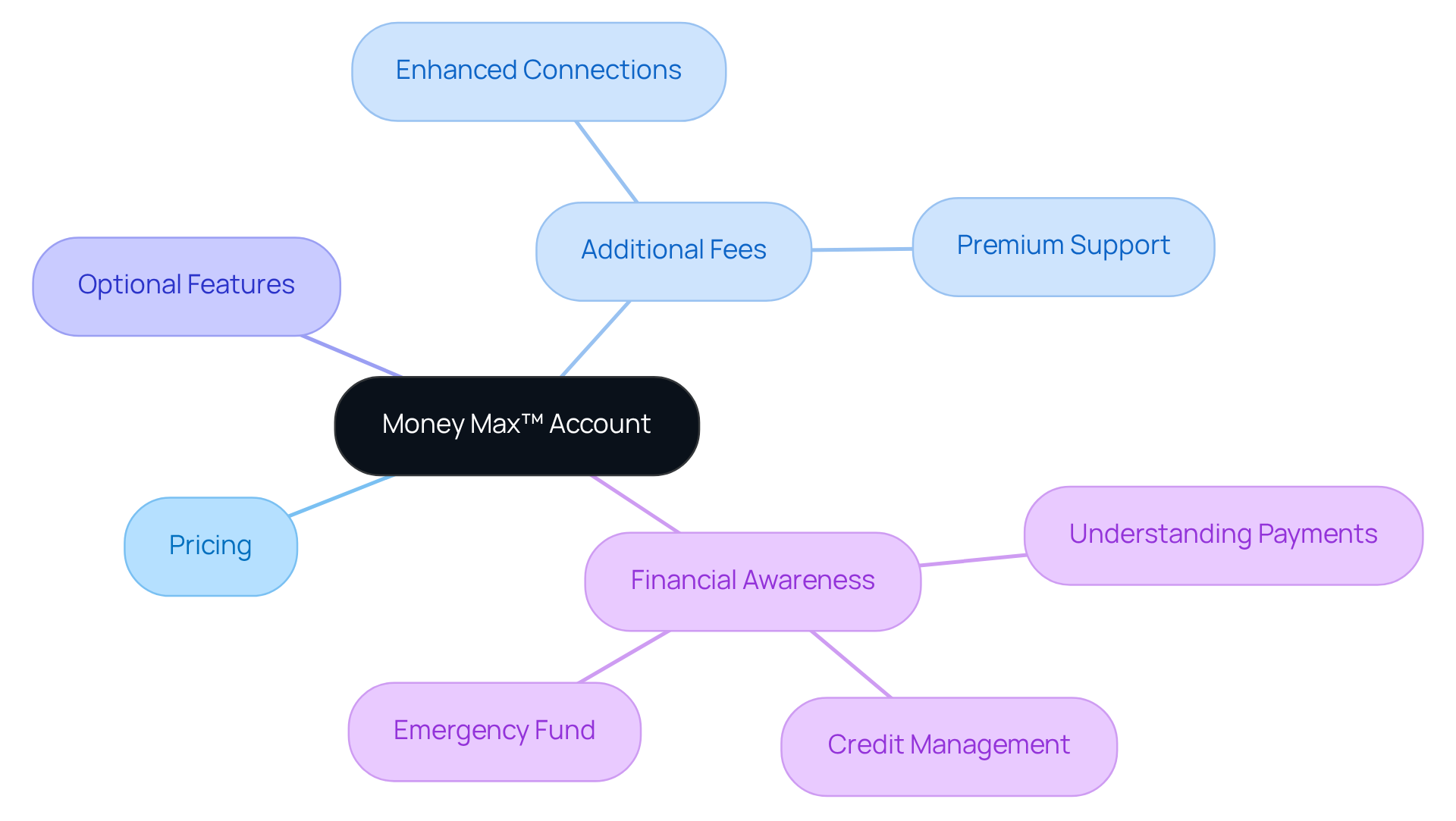 The center represents the Money Max™ Account, with branches showing related topics like pricing and potential extra costs. Each branch helps you see how different aspects of the account connect and what to watch out for.