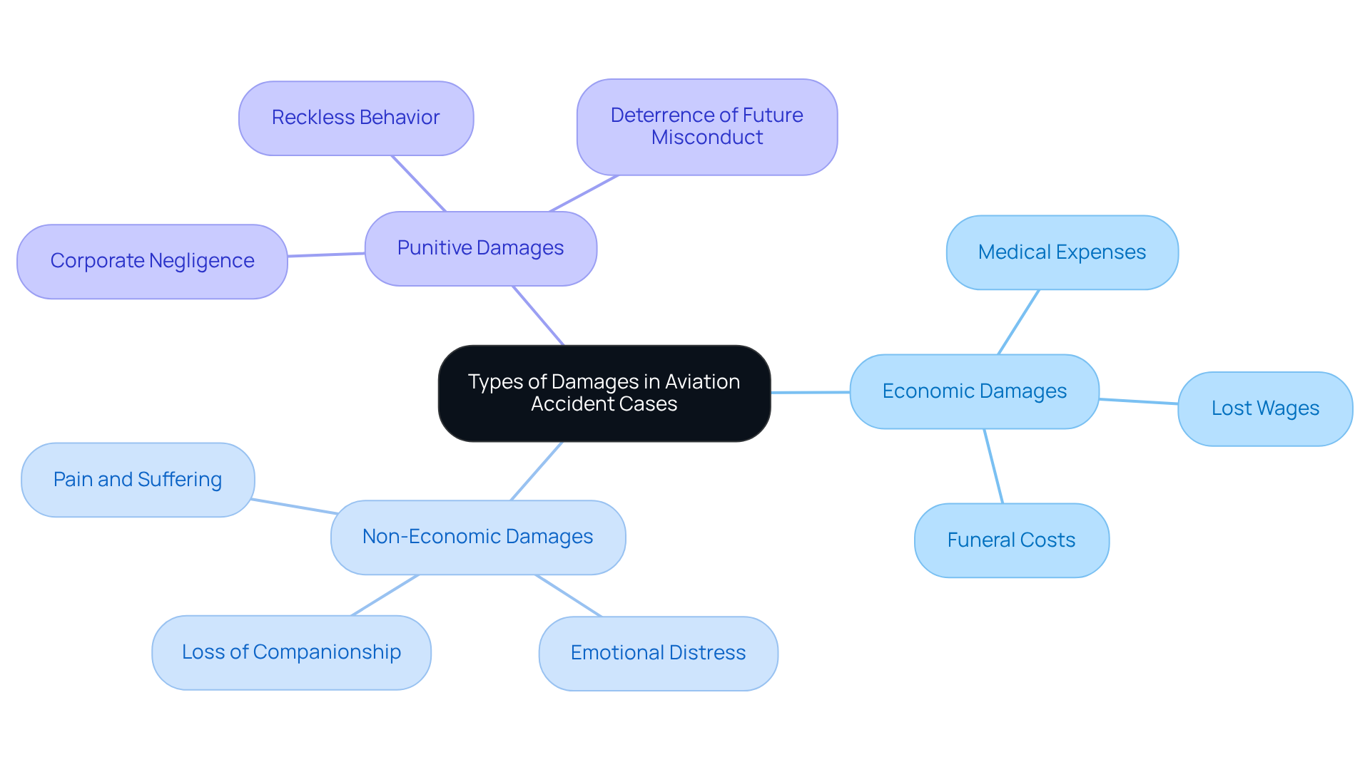 The central node represents the main topic, while the branches show different categories of damages. Each category has specific examples or key points that help explain what they entail. Follow the branches to understand how each type of damage affects victims and their families.