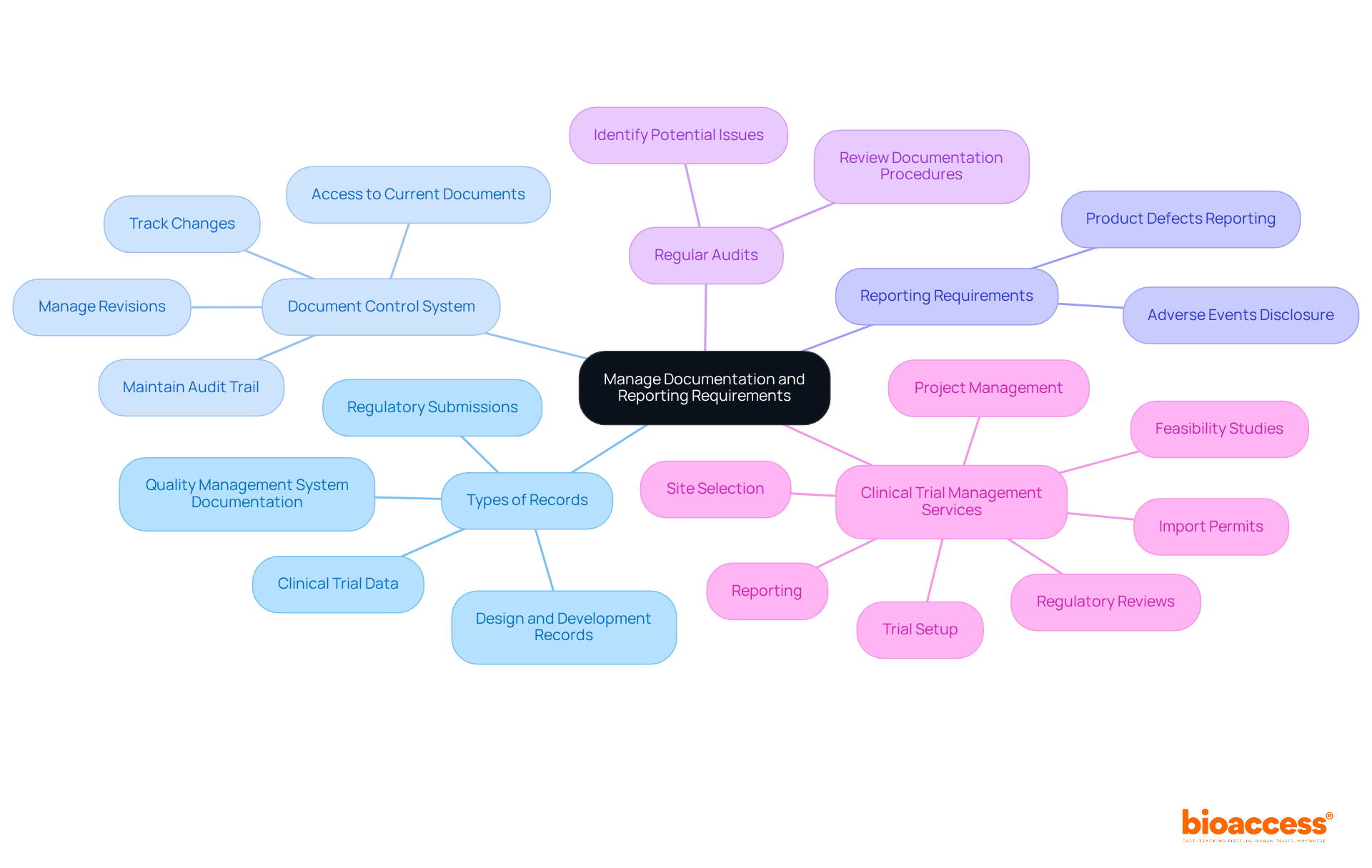 The central node highlights the main focus on documentation management, with branches detailing the critical aspects needed for compliance. Each branch represents a different area of concern or action to take.