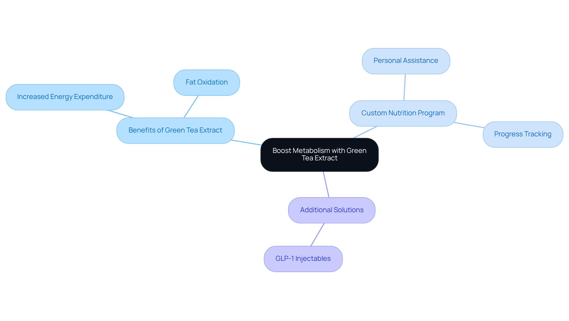 The central idea is about boosting metabolism, and the branches show how green tea extract and personalized programs can help. Follow the branches to understand the benefits and available support on your weight management journey.