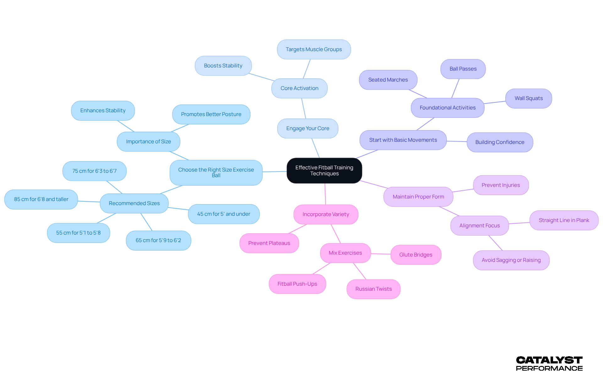 The center shows the main topic of fitball training techniques. Each branch represents a key strategy, and the sub-branches provide additional tips or details. This layout helps you see how each technique contributes to effective training.
