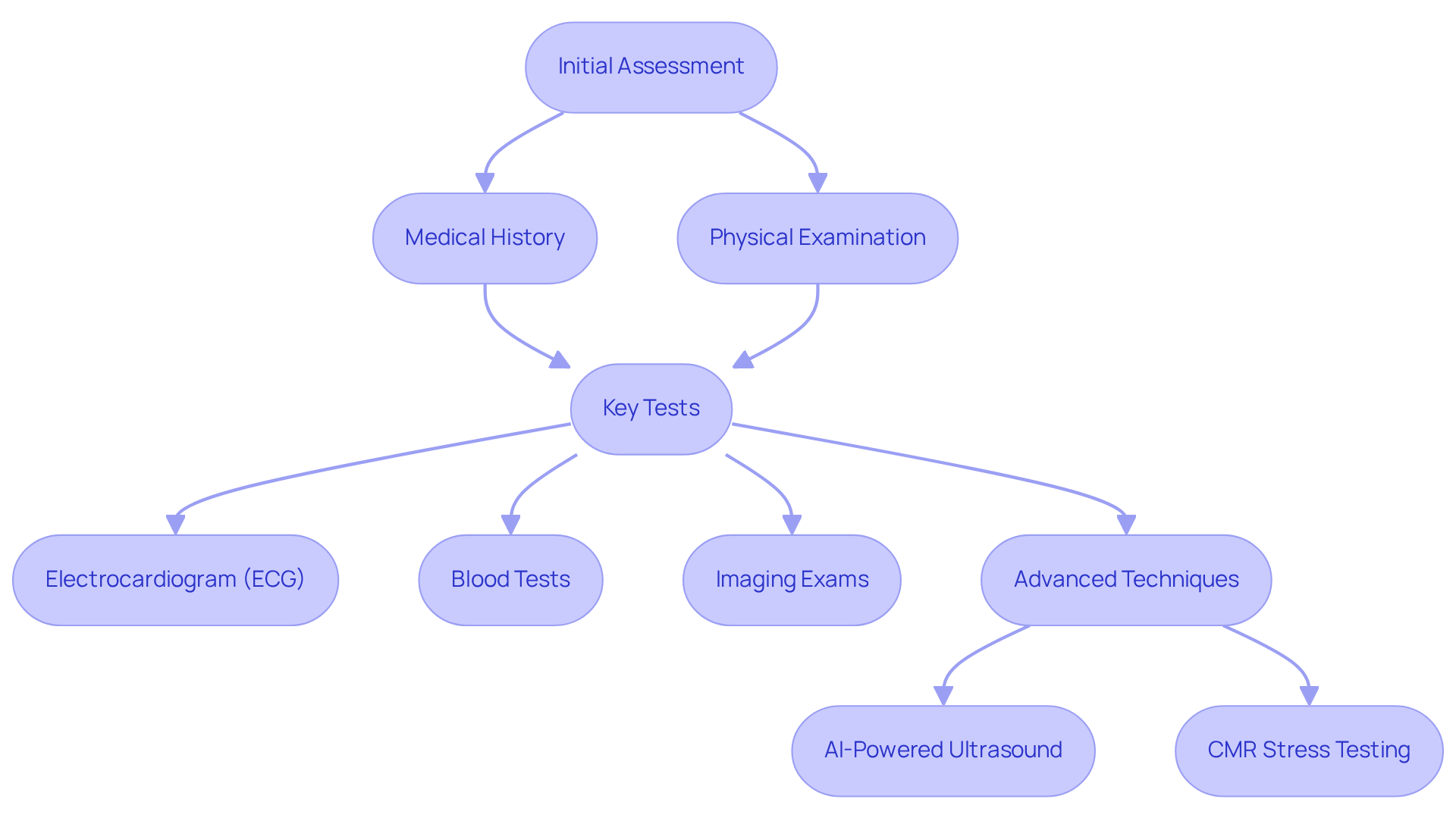 This flowchart outlines the steps taken during the diagnostic evaluation of chest pain. Start at the top with the initial assessment, and follow the arrows to see how each step leads to the next, ultimately guiding towards advanced diagnostic techniques.