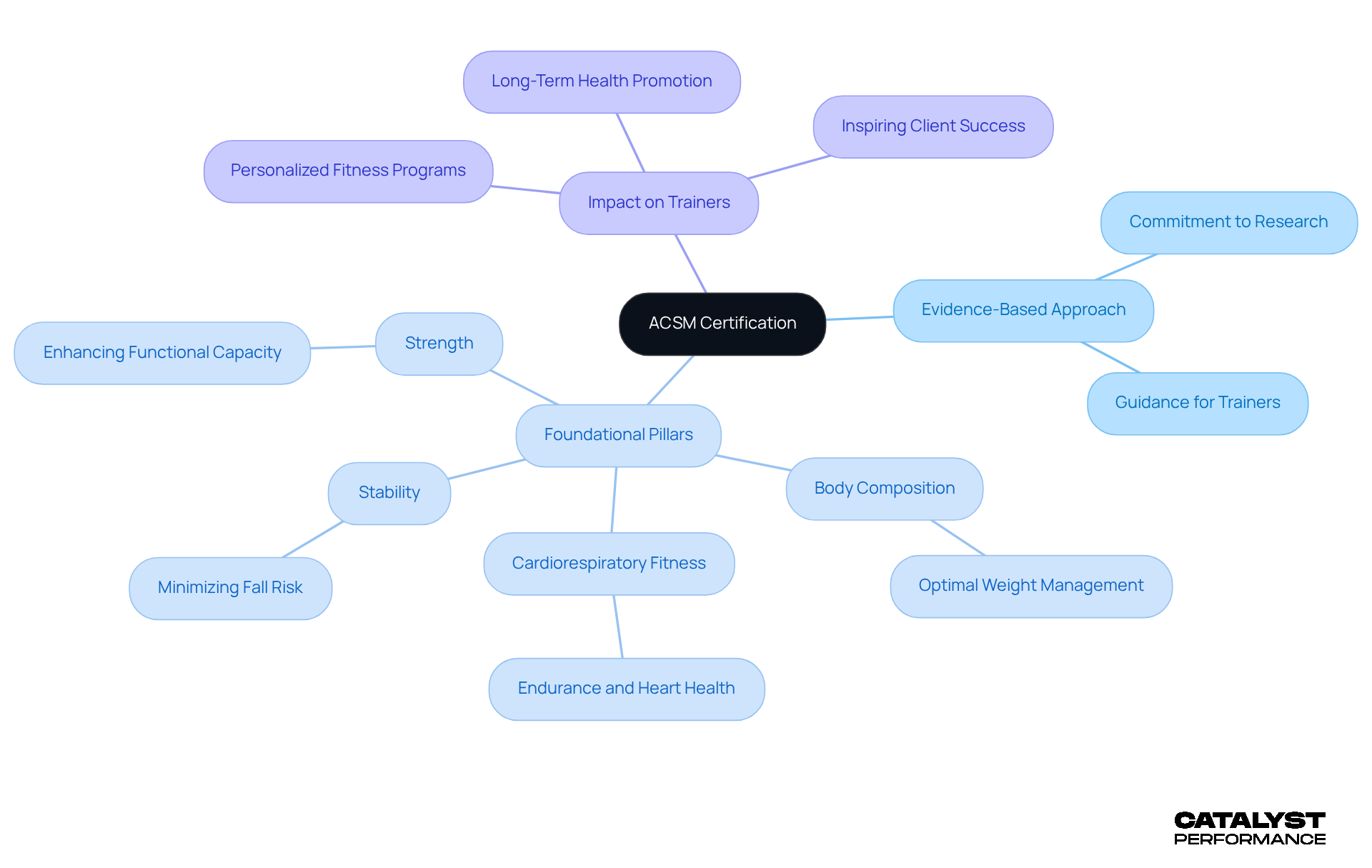 The center represents the ACSM certification, while the branches show how it connects to evidence-based practices and the four pillars of fitness. Each pillar highlights a key area of focus for trainers, illustrating how they contribute to overall health and performance.