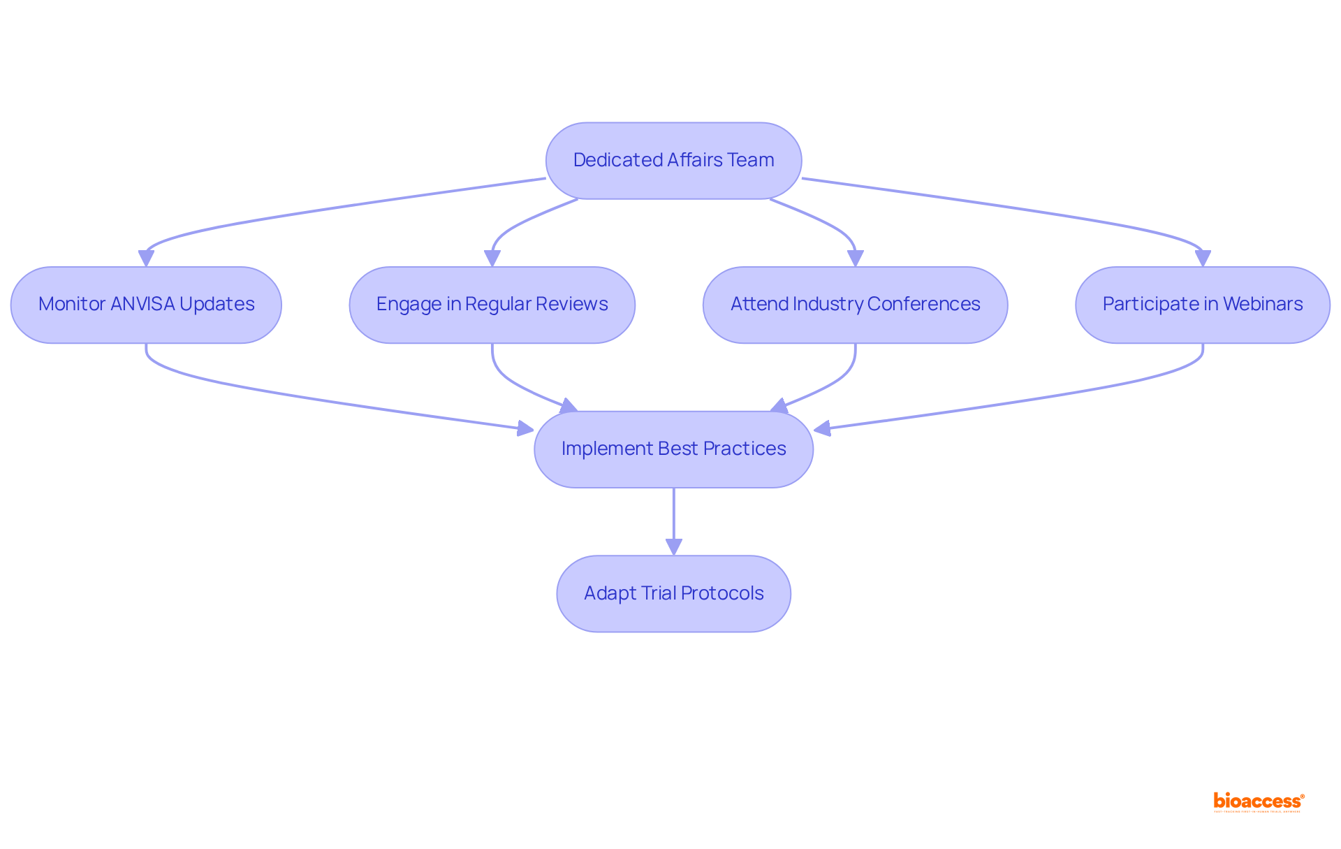 This flowchart shows how the compliance affairs team works through various activities to keep up with ANVISA regulations. Each step leads to the next, showing the importance of maintaining compliance and adapting practices effectively. This flowchart shows how the compliance affairs team works through various activities to keep up with ANVISA regulations. Each step leads to the next, showing the importance of maintaining compliance and adapting practices effectively.