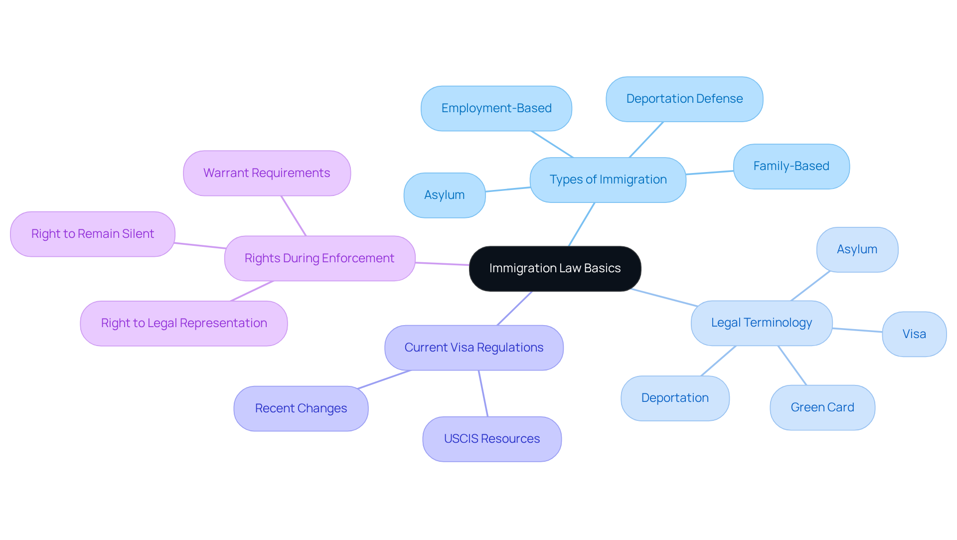 The central node represents the main topic, and each branch explains a different aspect of immigration law. The further you go out, the more detailed the information becomes, helping you understand how everything connects. The central node represents the main topic, and each branch explains a different aspect of immigration law. The further you go out, the more detailed the information becomes, helping you understand how everything connects.