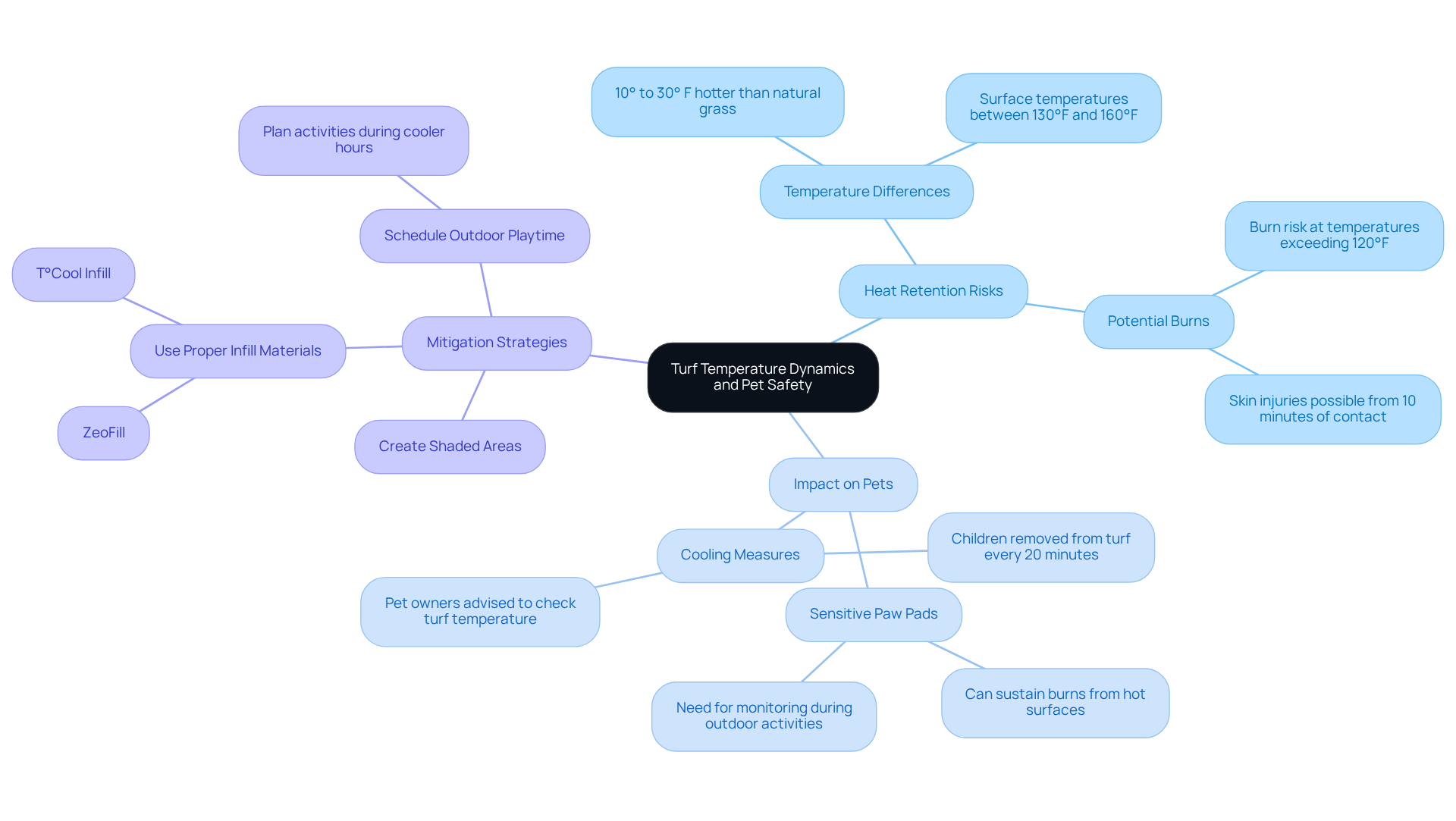 The center represents the main topic, while the branches show related risks and strategies. Each branch helps you understand how turf temperature affects pets and what can be done to keep them safe.