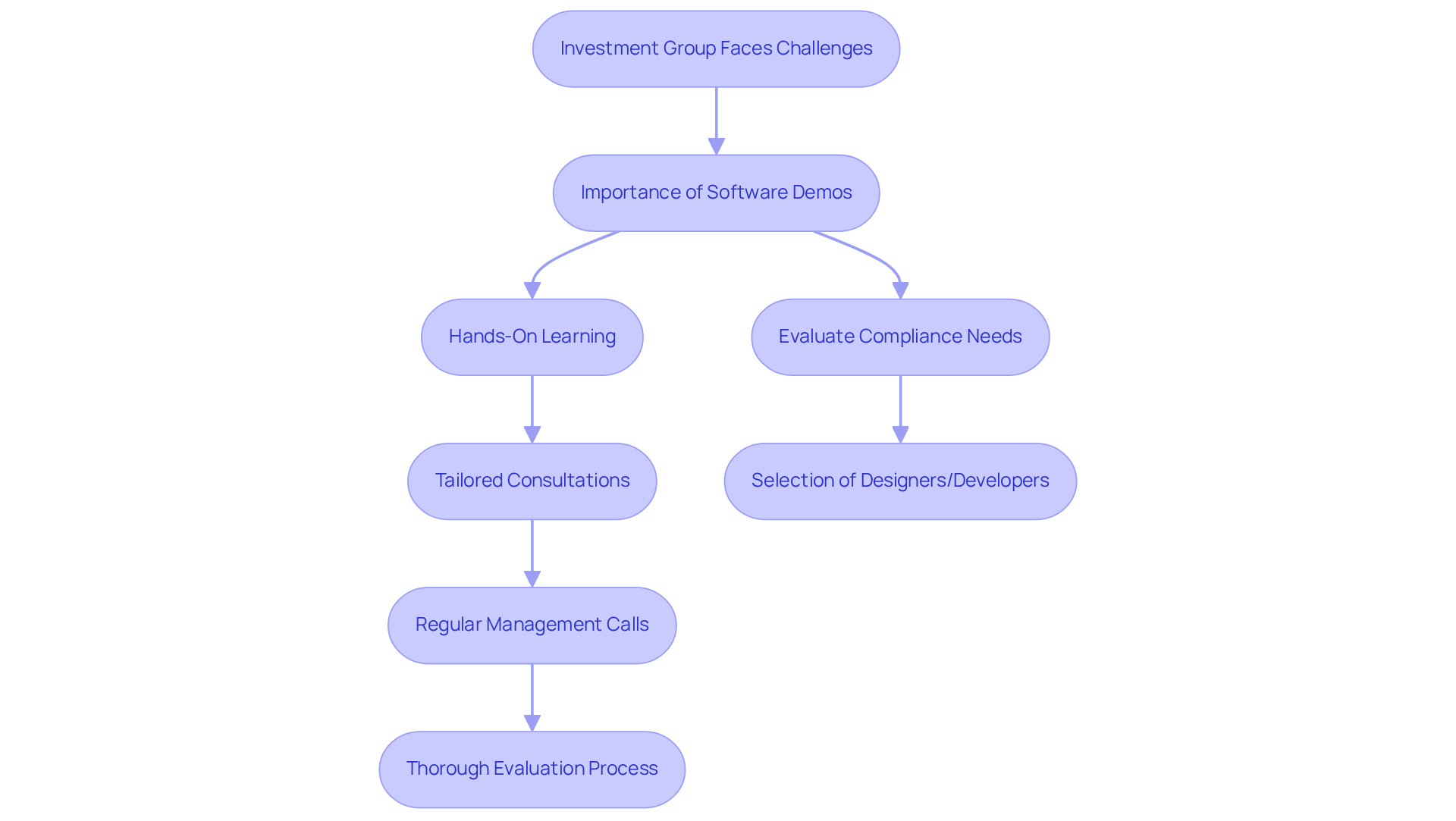 This flowchart illustrates the steps investment groups take when evaluating banking applications through software demos. Each box represents a key stage in the process, showing how they build on one another to ensure the right technology is chosen.