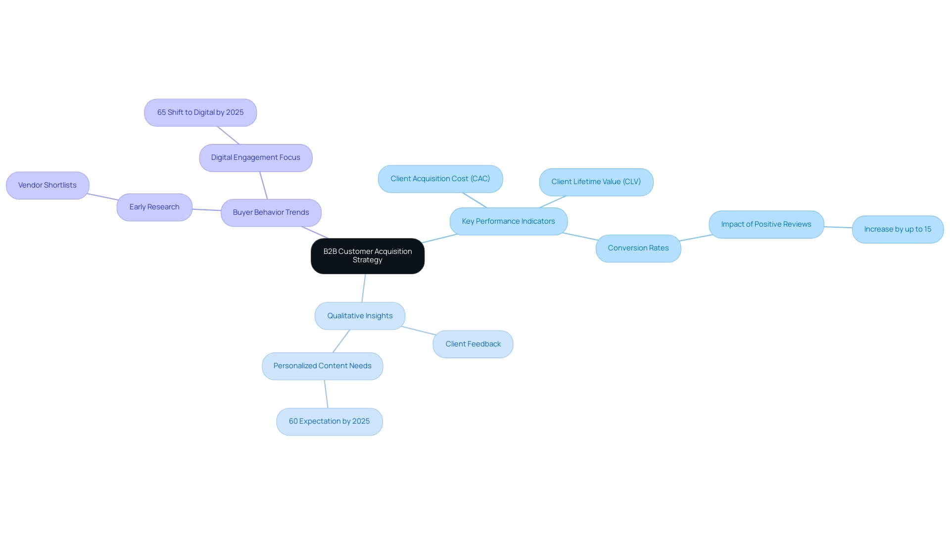 Central node represents the overall strategy; branches depict KPIs, qualitative insights, and buyer behavior trends relevant to the customer acquisition process.