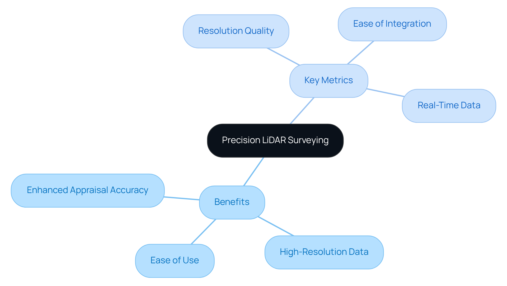 The center shows the main focus on LiDAR surveying, with branches leading to the benefits and important metrics that appraisers should consider. Each branch highlights a key aspect of how this technology improves property evaluations.