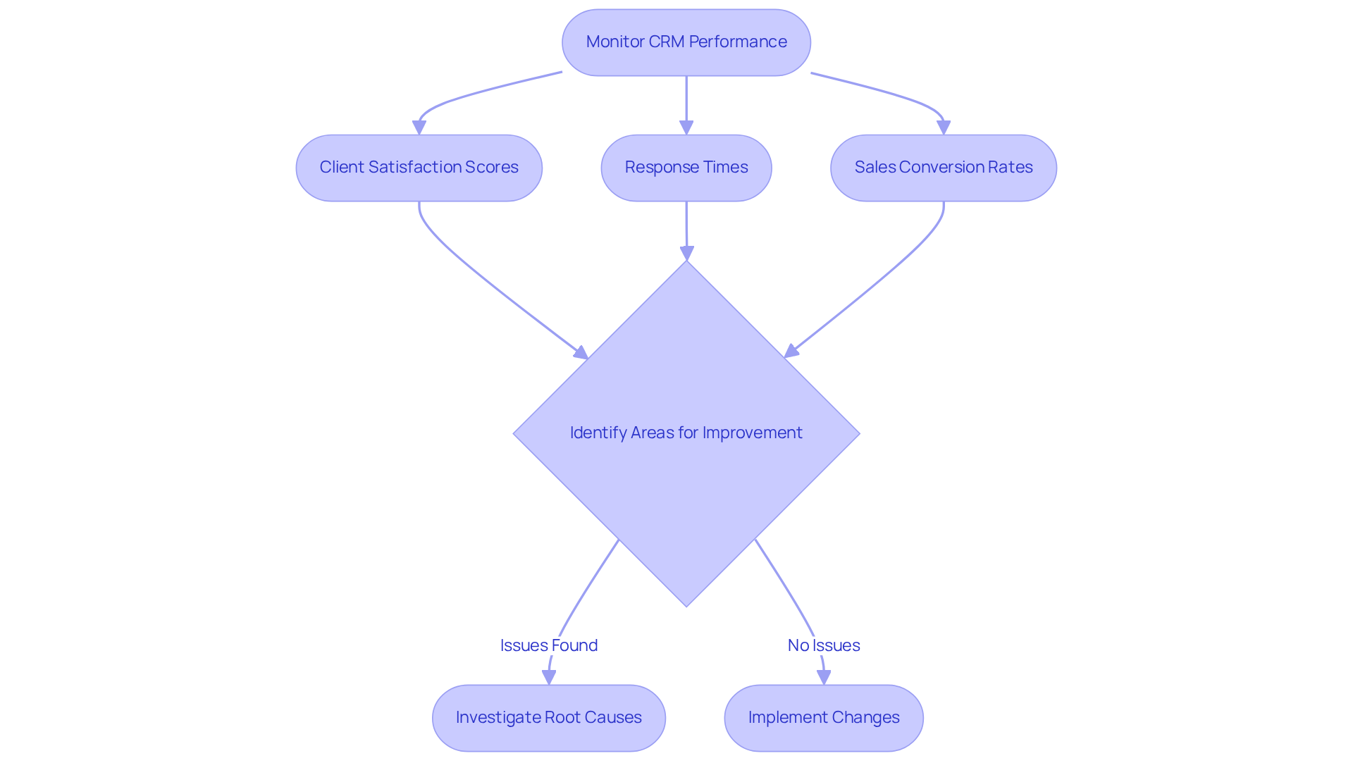 This flowchart shows the steps to monitor and improve CRM strategies. Start with monitoring performance, then check key metrics, identify issues, and decide on actions to enhance the CRM system. This flowchart shows the steps to monitor and improve CRM strategies. Start with monitoring performance, then check key metrics, identify issues, and decide on actions to enhance the CRM system.