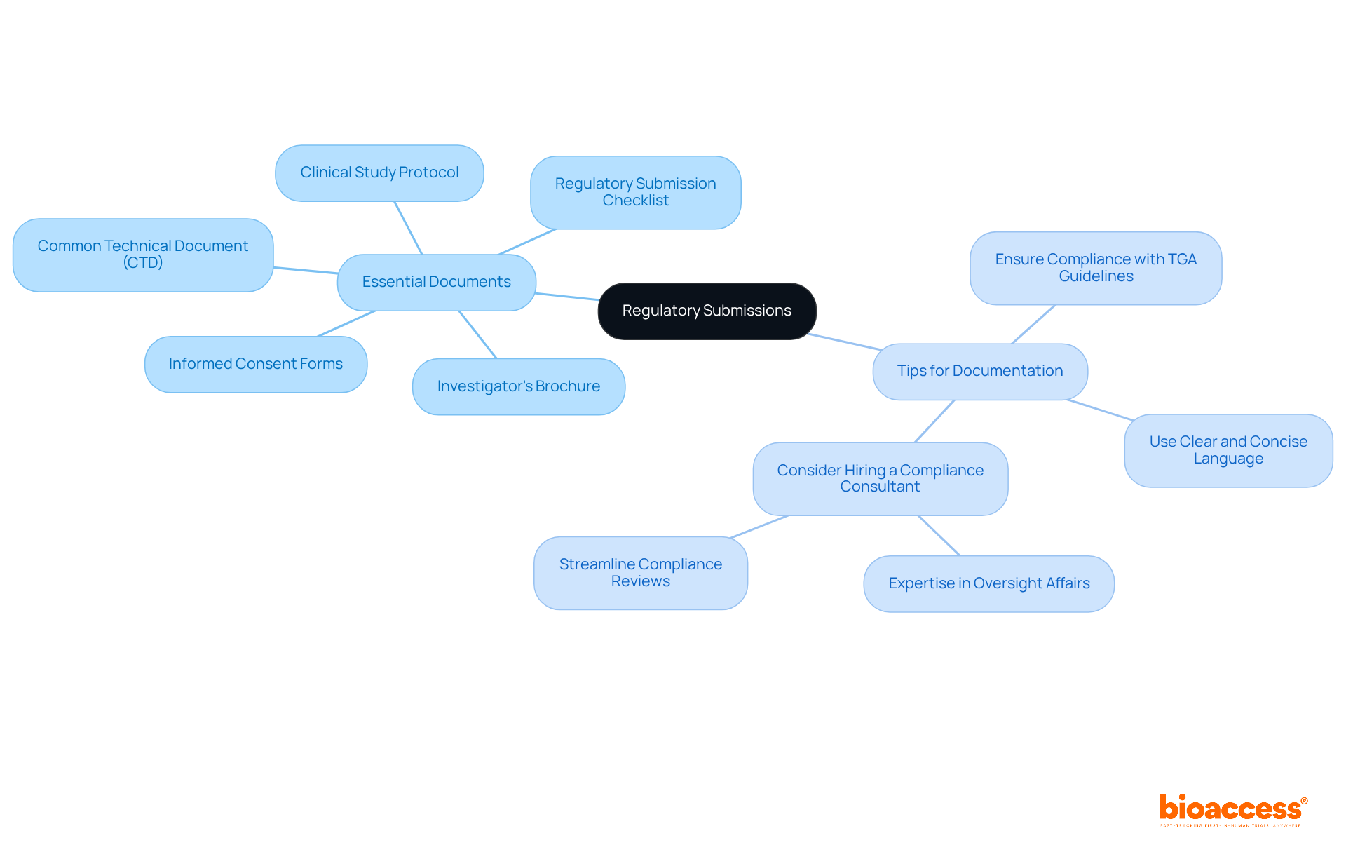 The center represents the main topic of regulatory submissions, with branches showing the essential documents needed and tips to ensure proper documentation.