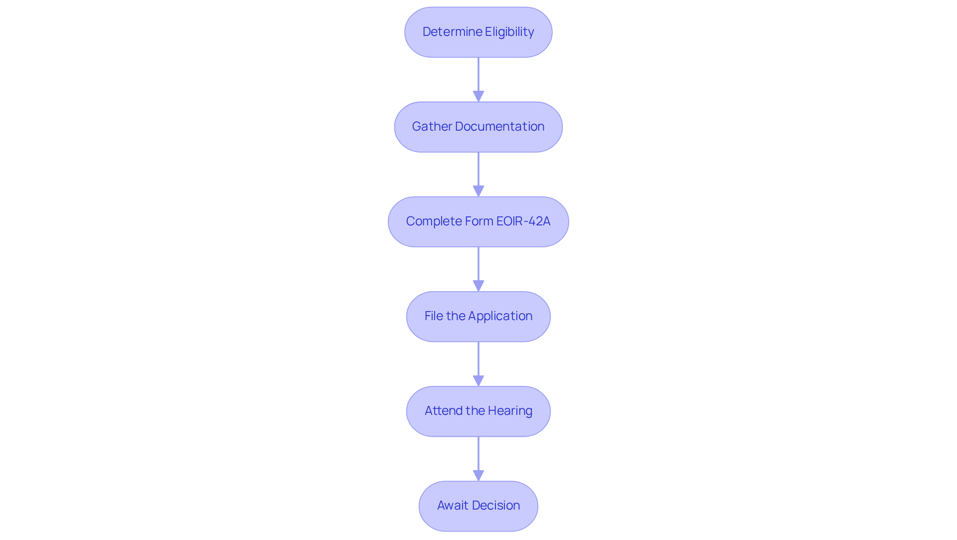 Each box represents a step in the application process. Follow the arrows to see how to navigate from checking your eligibility all the way to awaiting the judge's decision.