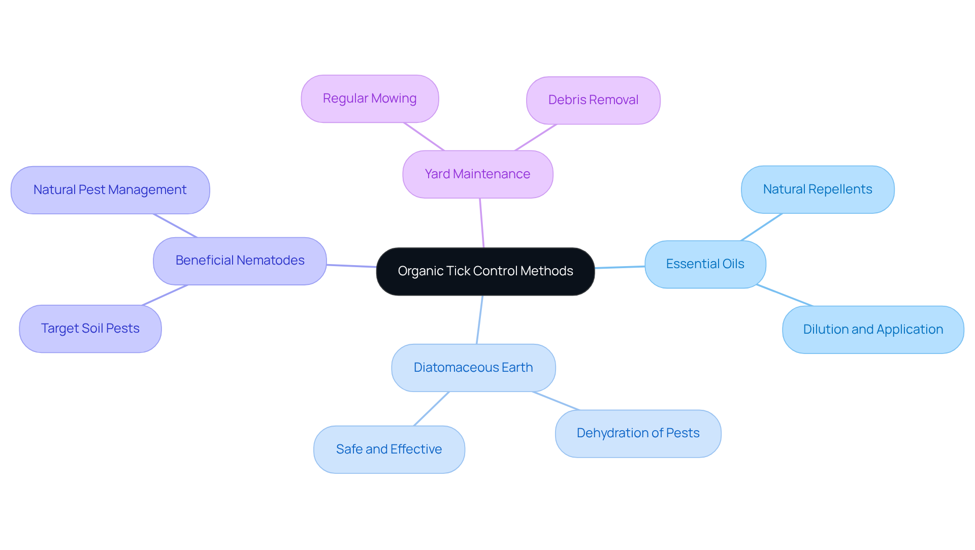 The center shows the main topic of organic tick control, and the branches represent different methods you can use. Each method has a brief description to help you understand how it works. The center shows the main topic of organic tick control, and the branches represent different methods you can use. Each method has a brief description to help you understand how it works.