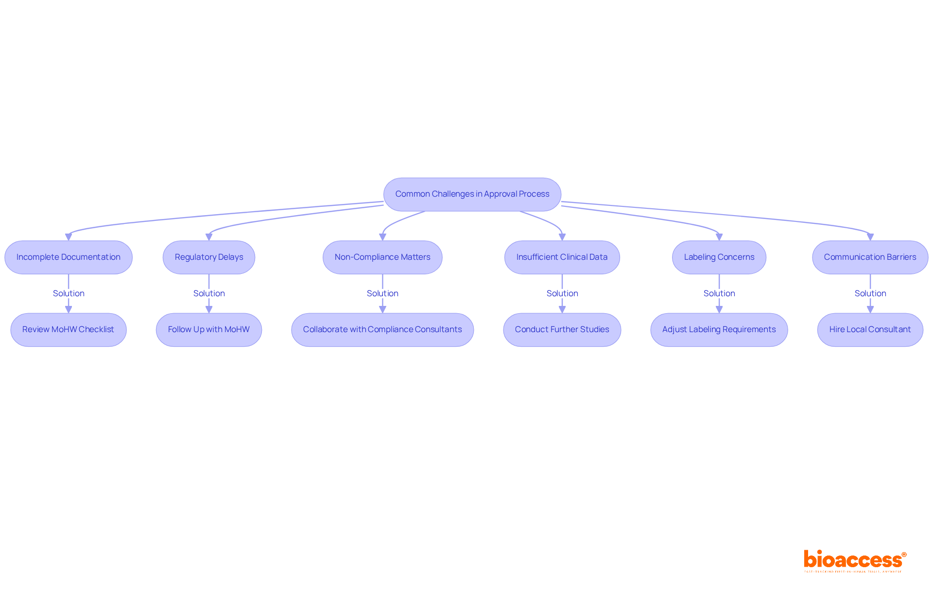 Each box represents a challenge you might face during the approval process. Follow the arrows to see what steps you can take to resolve each issue. The clearer the path, the easier it is to navigate through the challenges!