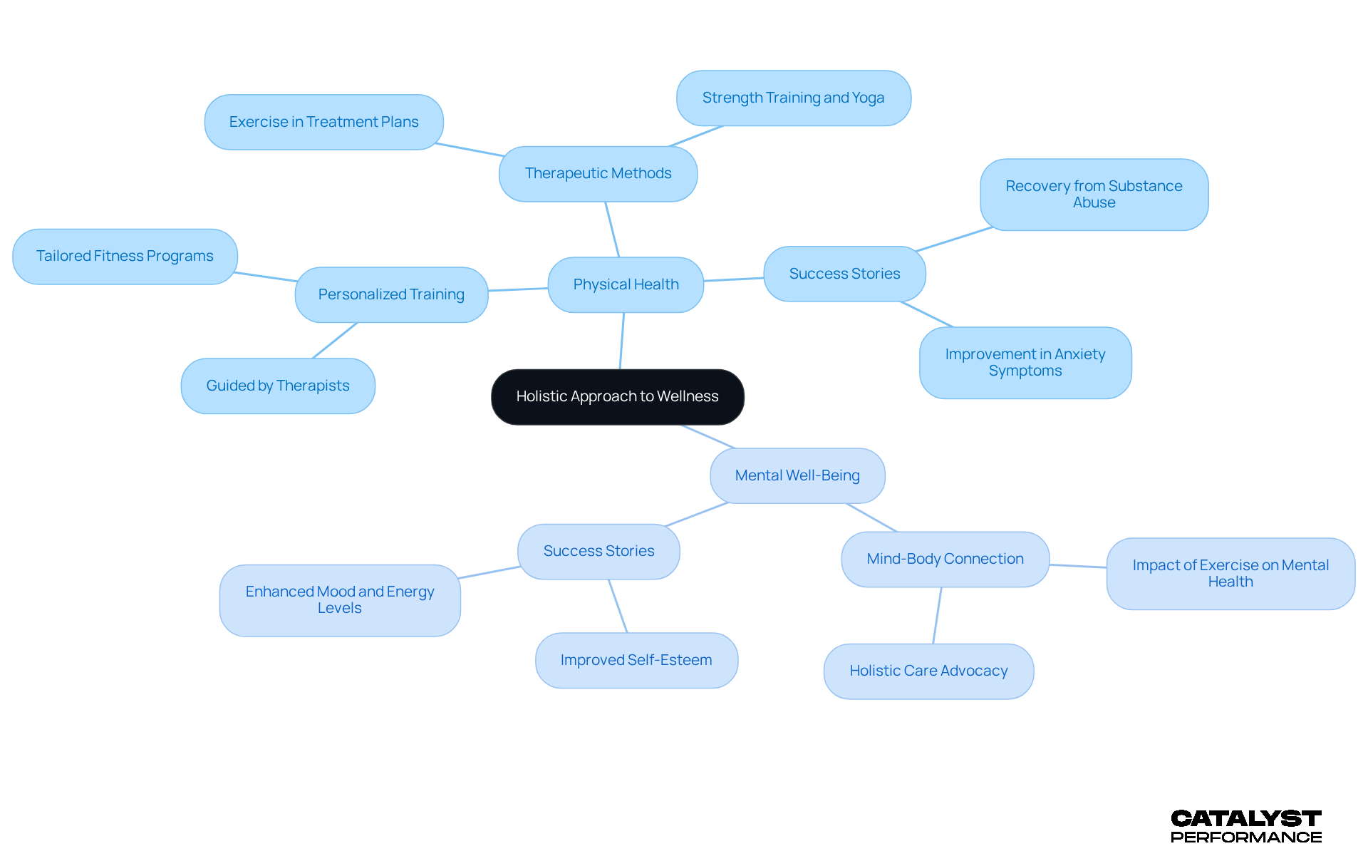 Start at the center with the concept of holistic wellness, then explore how physical and mental health are connected through various strategies and success stories.