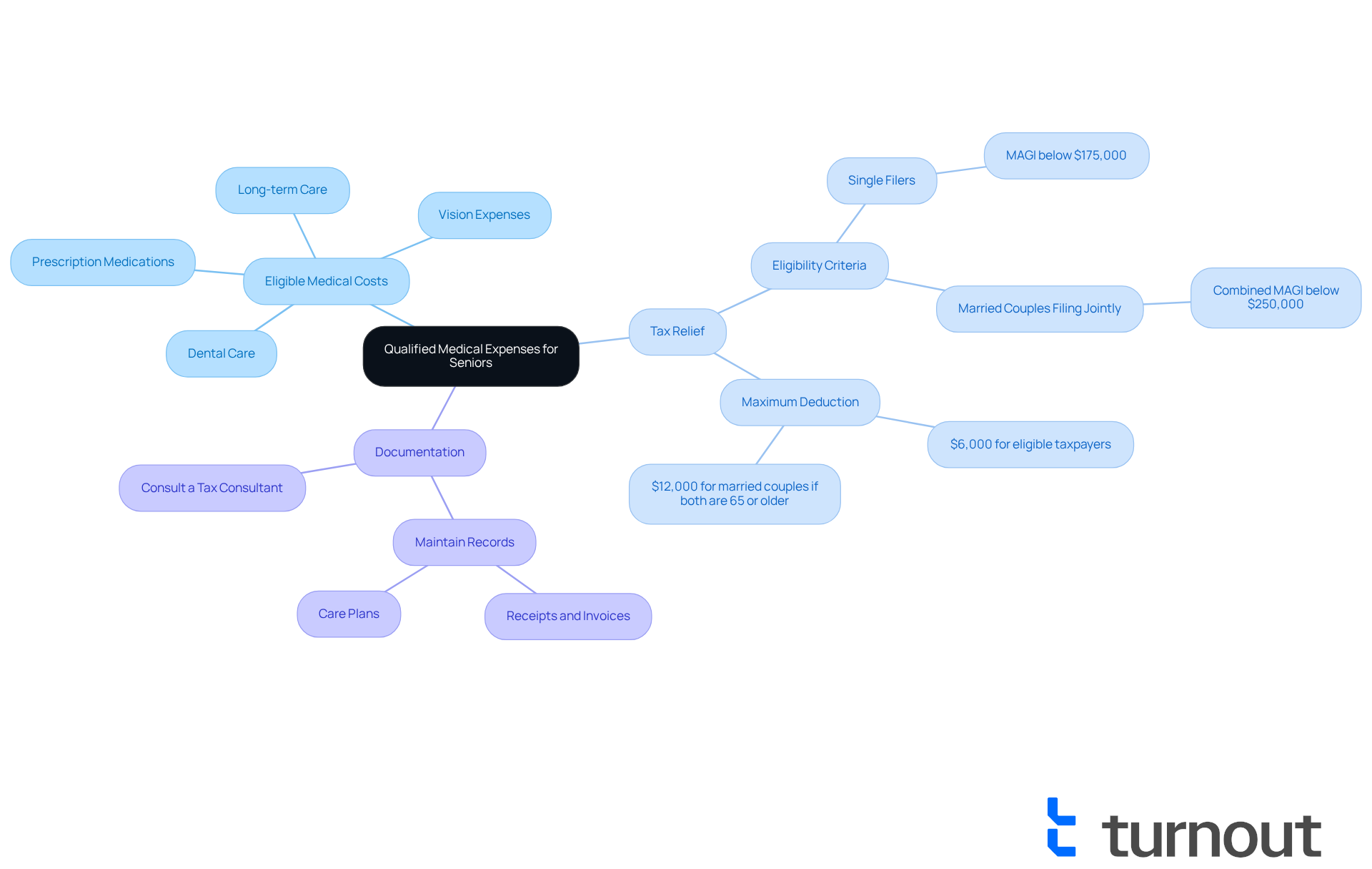 This mindmap shows key categories related to medical expenses and tax benefits for seniors. Each branch represents important areas to consider: medical costs, eligibility for tax relief, and the importance of documentation. Follow the branches to explore each topic in detail. This mindmap shows key categories related to medical expenses and tax benefits for seniors. Each branch represents important areas to consider: medical costs, eligibility for tax relief, and the importance of documentation. Follow the branches to explore each topic in detail.