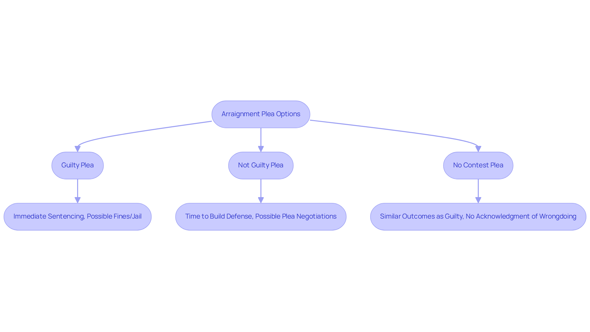This flowchart shows the different plea options available during an arraignment and what each choice could lead to. Follow the arrows to see how your plea can affect your legal journey and what outcomes you might expect. This flowchart shows the different plea options available during an arraignment and what each choice could lead to. Follow the arrows to see how your plea can affect your legal journey and what outcomes you might expect.