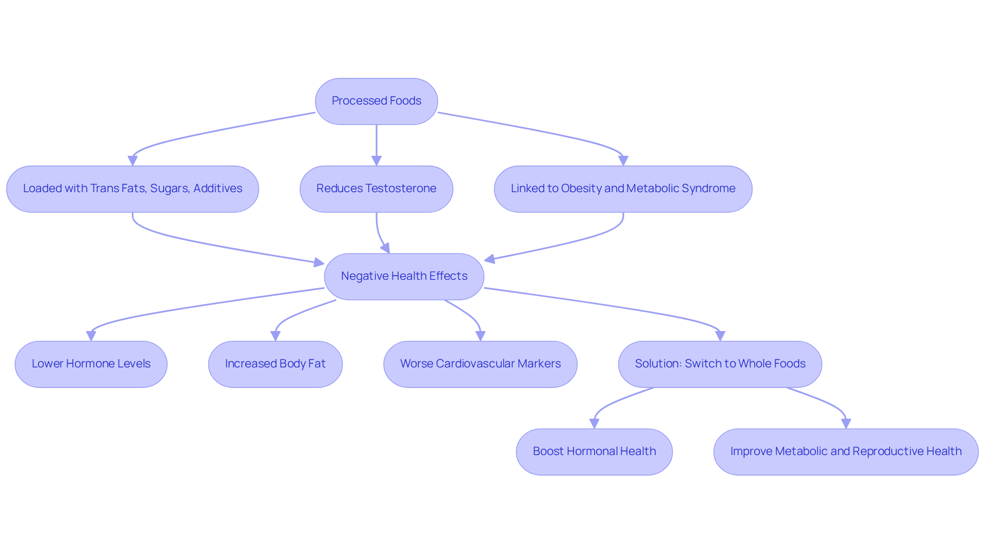 This flowchart shows how processed foods can negatively affect testosterone levels and overall health. Follow the arrows to see how these foods lead to various health issues and what steps you can take to improve your diet and health.