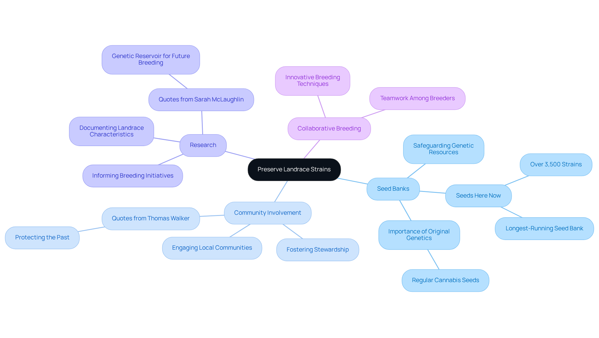 The central idea is about preserving traditional cannabis strains. Each branch represents a conservation strategy, and the sub-points provide insights into why each method is important. The central idea is about preserving traditional cannabis strains. Each branch represents a conservation strategy, and the sub-points provide insights into why each method is important.