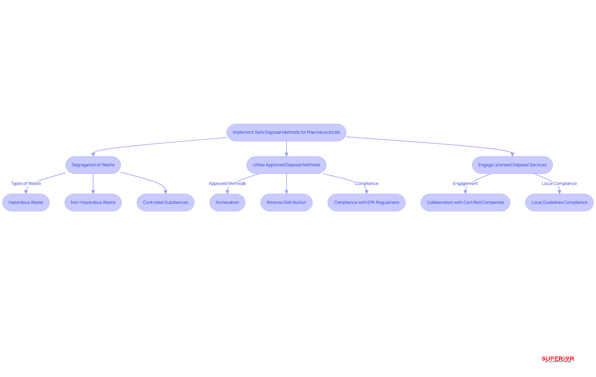 Follow the arrows to see the steps for safe pharmaceutical waste disposal. Each box represents a key action, and the sub-steps provide additional details on how to implement each practice.