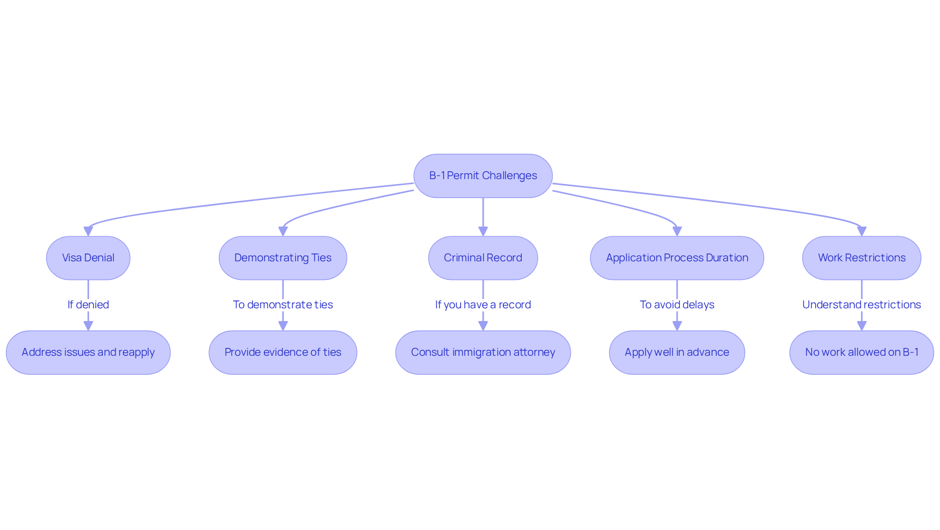 Each box represents a common challenge or question regarding the B-1 permit. Follow the arrows to see what steps you can take or what considerations to keep in mind for each situation. Each box represents a common challenge or question regarding the B-1 permit. Follow the arrows to see what steps you can take or what considerations to keep in mind for each situation.