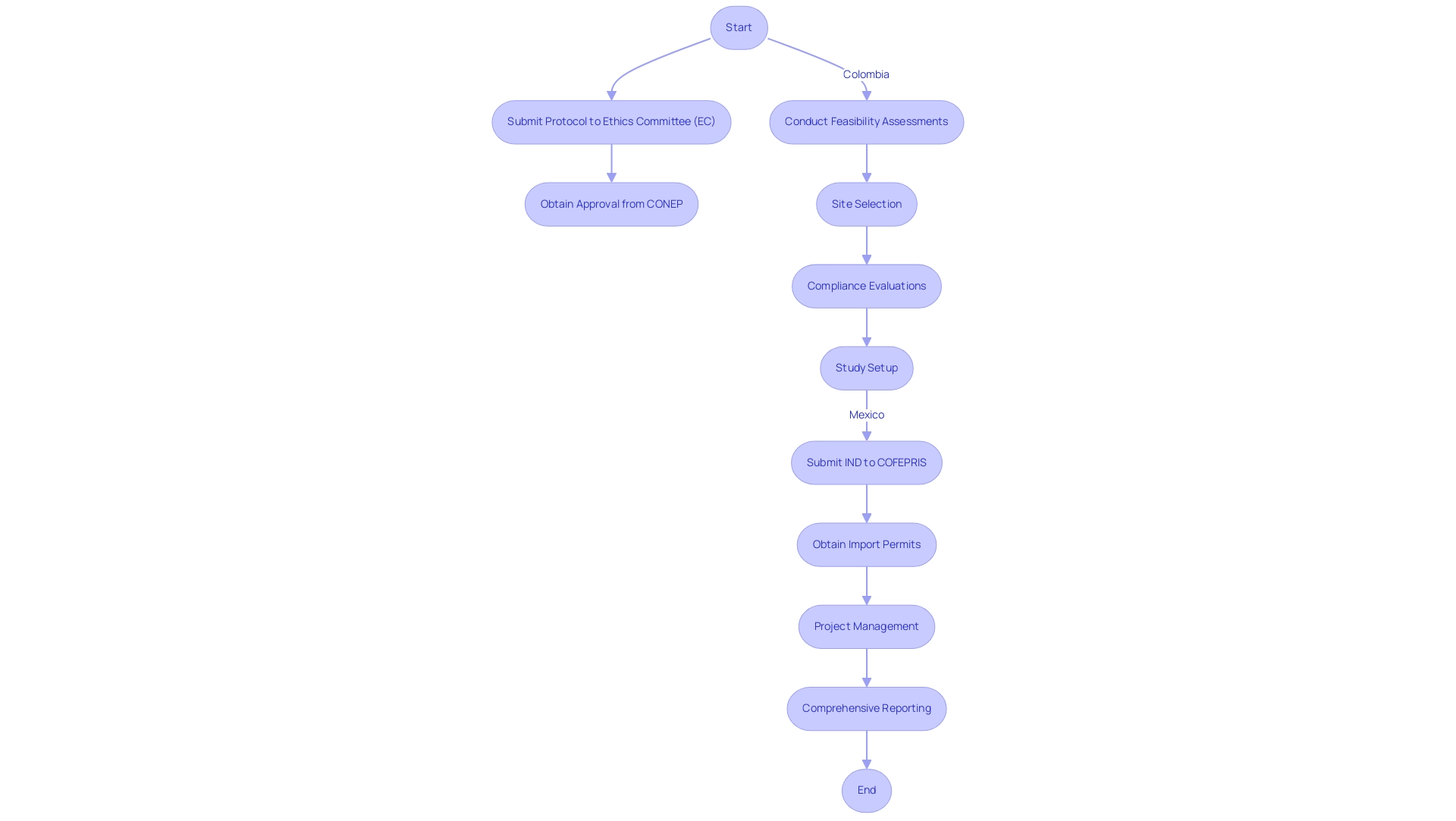 Each box represents a step in the regulatory process, with arrows indicating the flow of actions. Different colors represent the processes applicable to Brazil, Colombia, and Mexico.