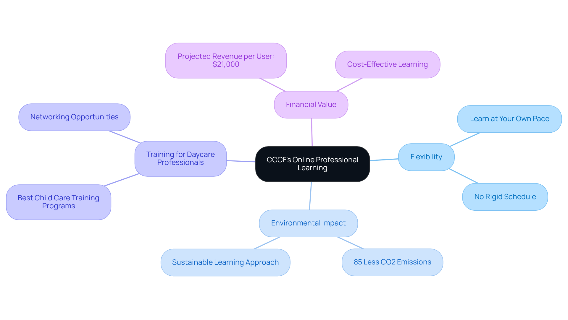 The central node represents CCCF's program, while the branches show the main benefits and statistics. Each color-coded branch highlights a different aspect of the program, making it easy to see how they connect and support youth service professionals.