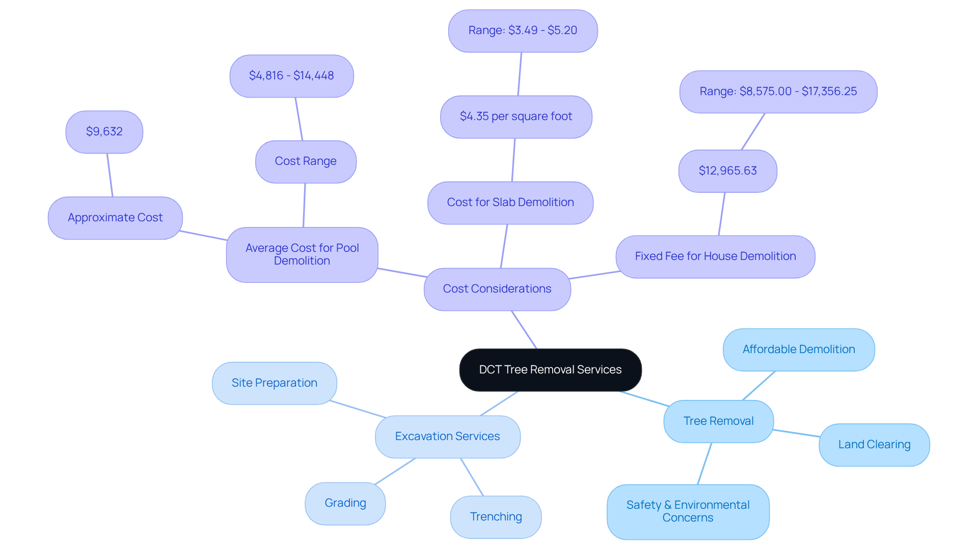 The central node represents the main service provider, with branches showing different service categories and their details. The cost considerations branch highlights the financial aspect of specialized services.