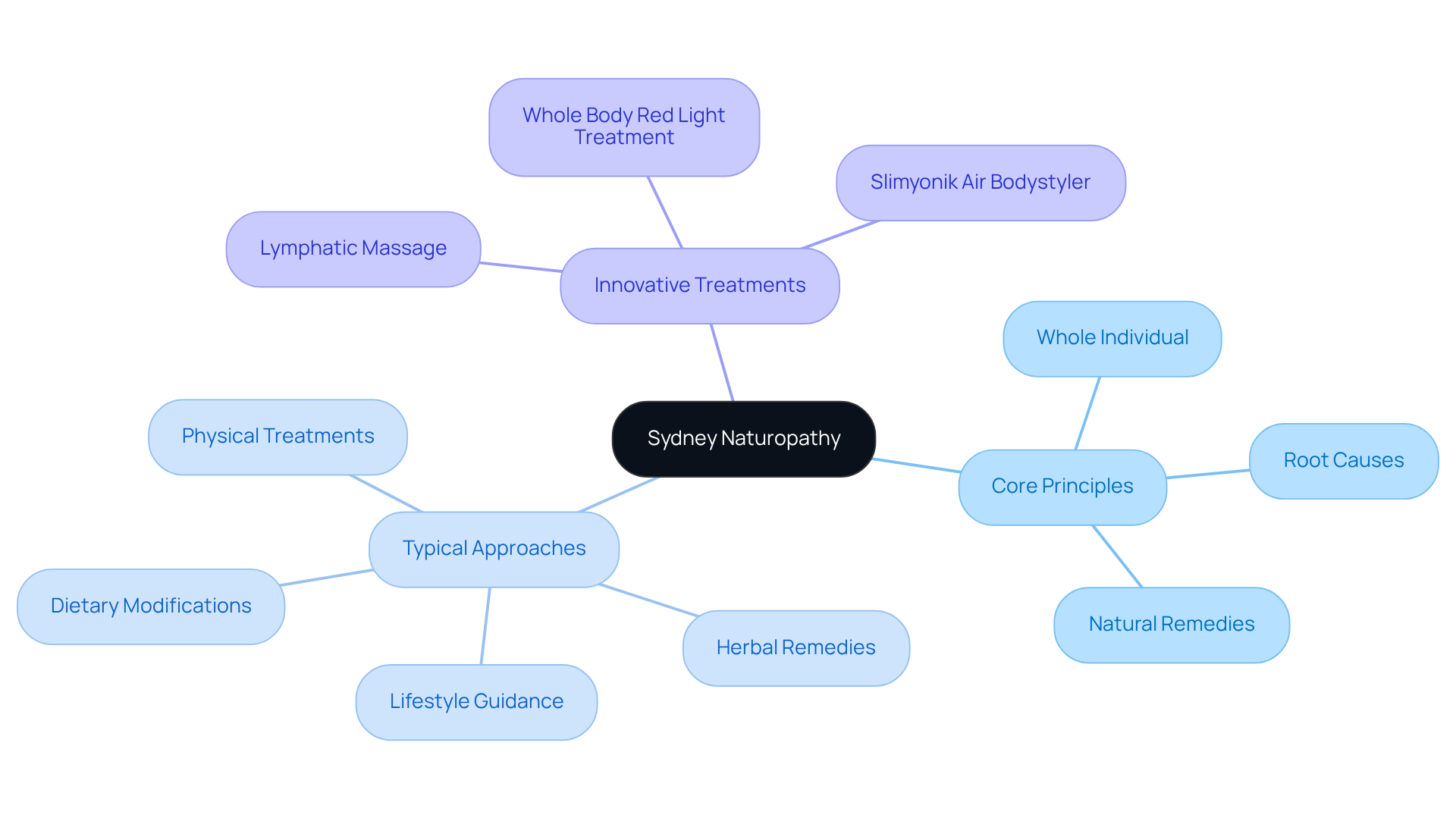 The center represents Sydney Naturopathy, with branches showing its core principles and common treatments. Each color-coded section allows you to explore how holistic health practices connect to various approaches and innovations in wellness.