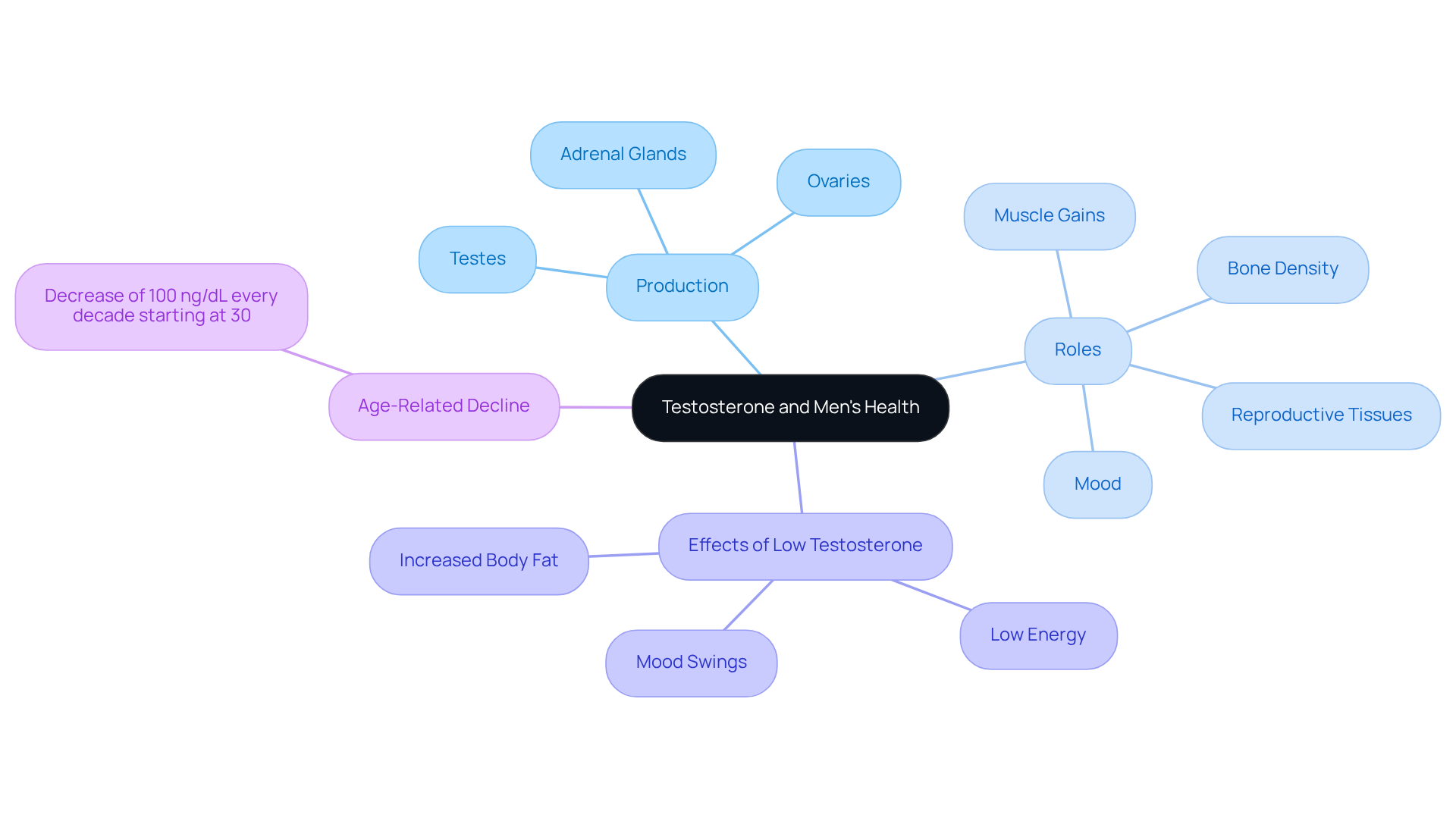 The central node represents testosterone, and the branches show its production, roles, effects of low levels, and how it declines with age. Each branch helps you see how testosterone influences various aspects of health.