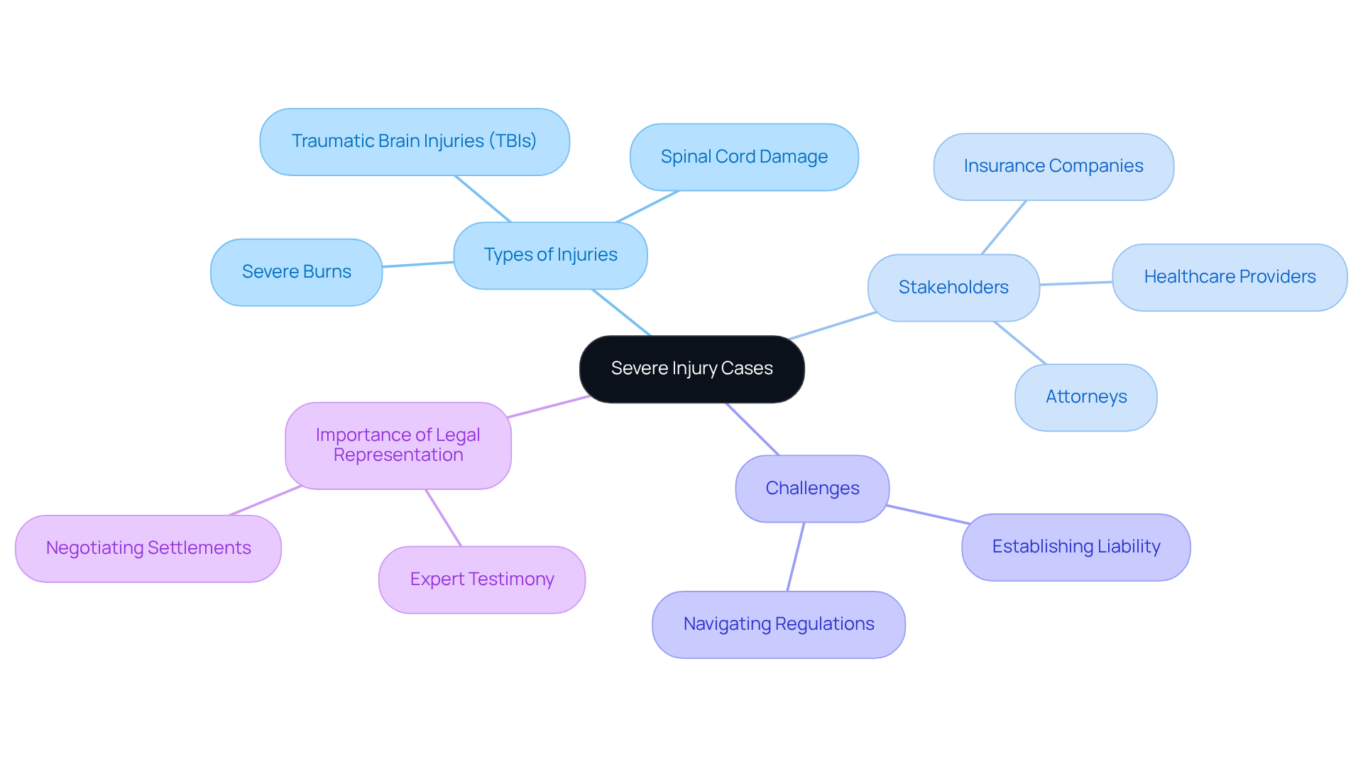 The central node represents the main topic of severe injury cases. Each branch shows a different aspect of these cases, helping you see how they relate to one another. For example, under 'Types of Injuries', you can find specific injuries like TBIs, while 'Stakeholders' shows who is involved in the process.