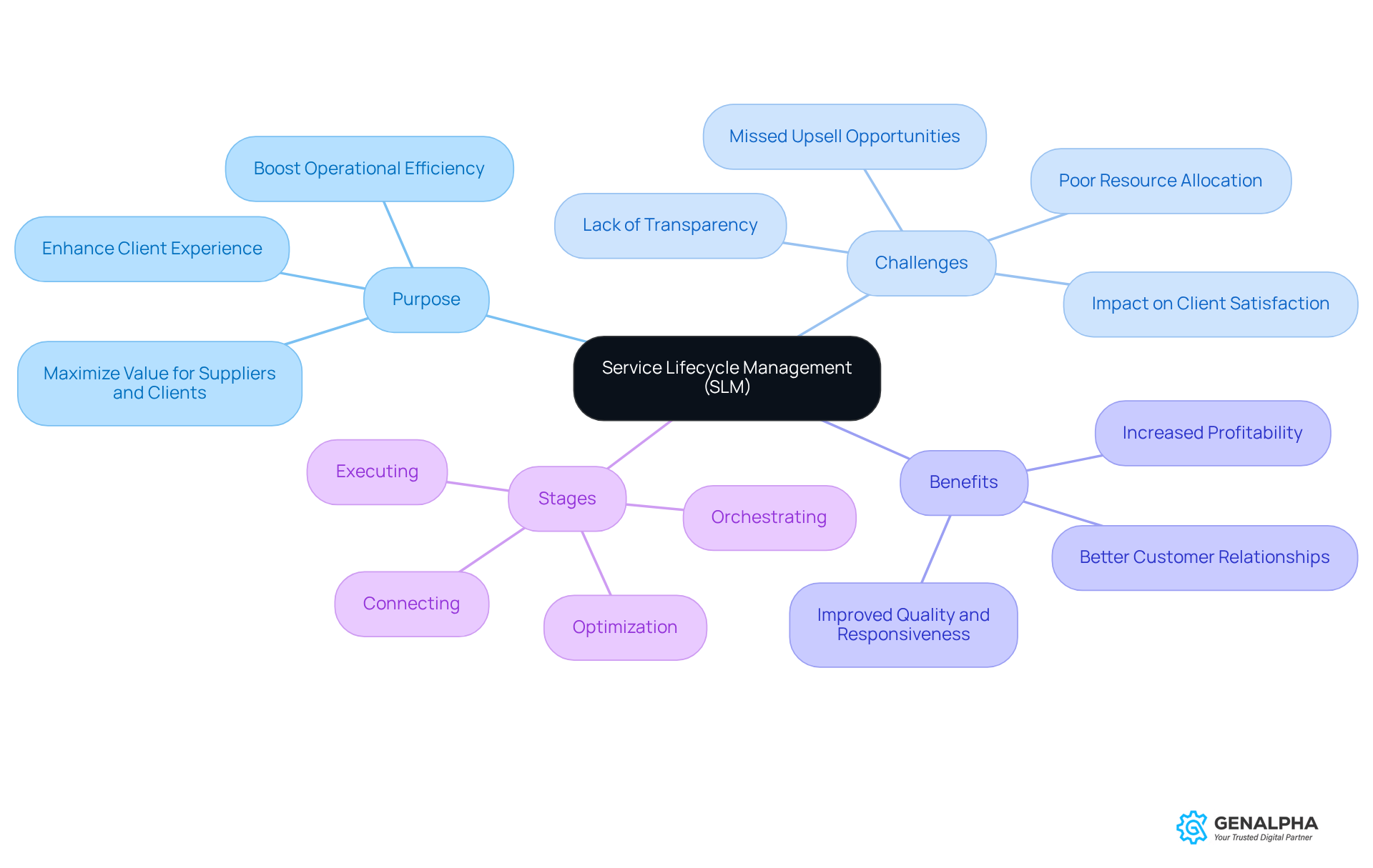 The center represents SLM as the main concept. Follow the branches to explore its purpose, challenges, benefits, and the four key stages of management. Each color denotes a different category for easier understanding. The center represents SLM as the main concept. Follow the branches to explore its purpose, challenges, benefits, and the four key stages of management. Each color denotes a different category for easier understanding.