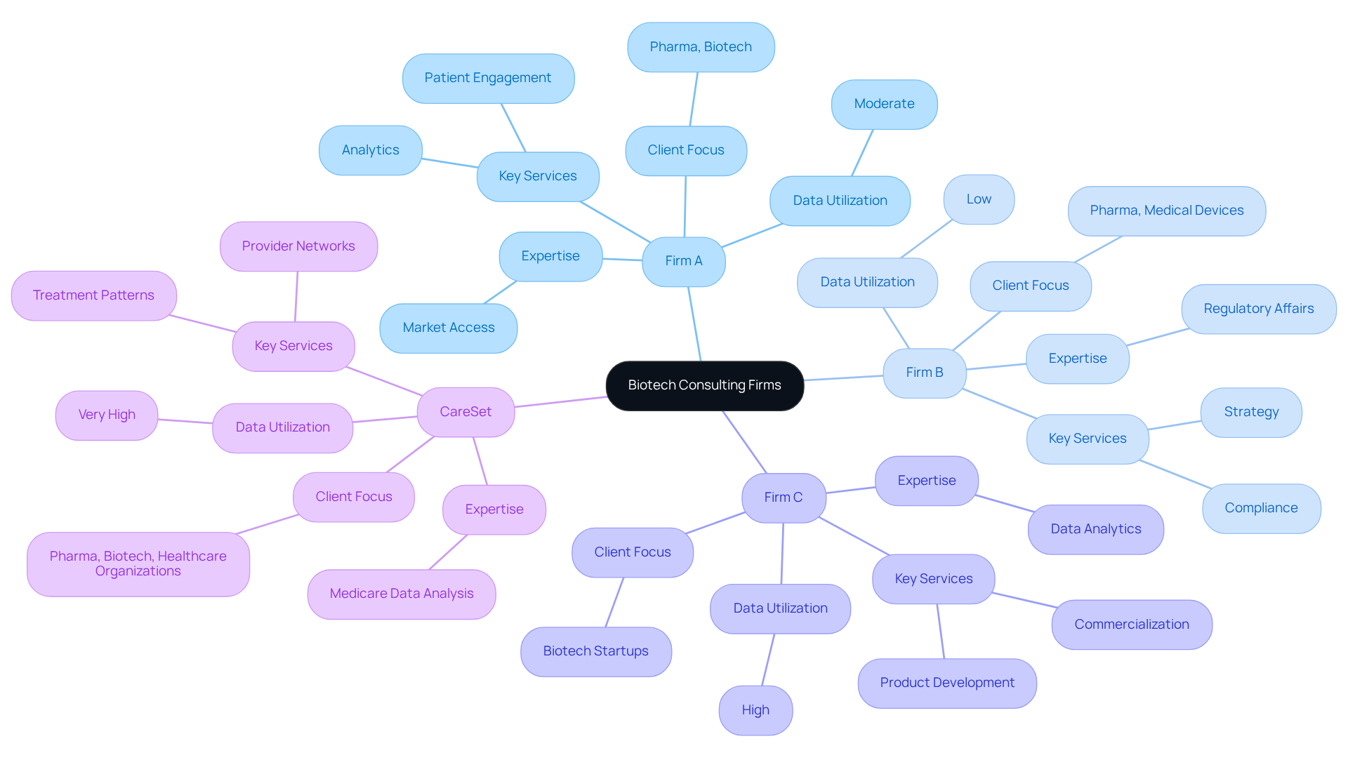The central node represents the overall topic. Each branch shows a different firm, with further branches detailing their expertise, services, data utilization, and who they serve. The colorful layout helps you quickly identify the strengths and focuses of each firm. The central node represents the overall topic. Each branch shows a different firm, with further branches detailing their expertise, services, data utilization, and who they serve. The colorful layout helps you quickly identify the strengths and focuses of each firm.