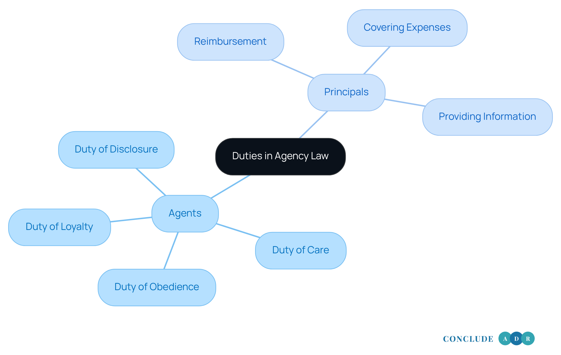 The central node represents the overall theme of agency law duties. The branches show the two main parties involved, with further details on their specific responsibilities. This structure helps clarify the roles and expectations in a professional relationship.