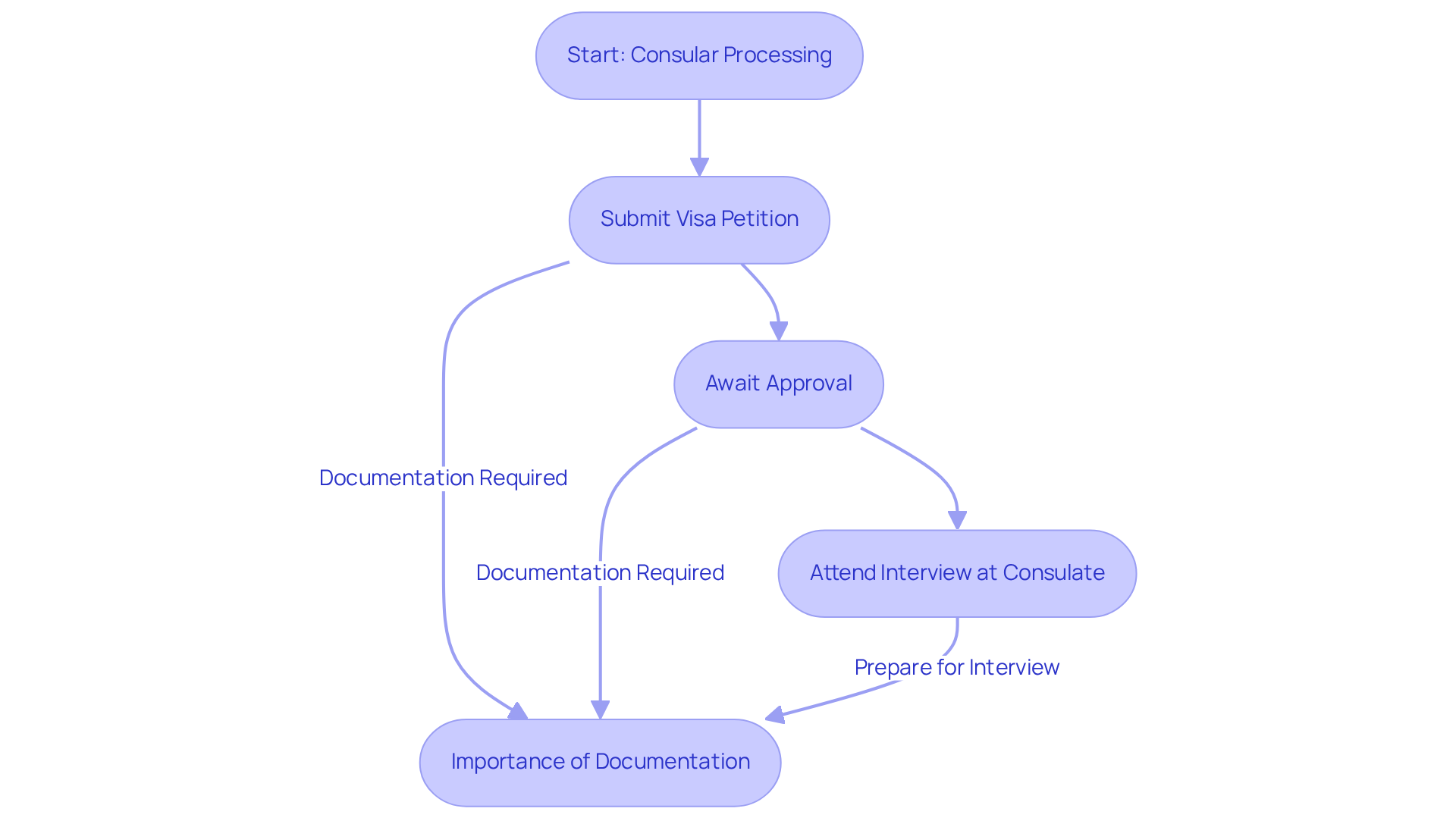 This flowchart outlines the steps you need to take in the consular processing for a visa. Each box represents a key stage — follow the arrows to see the order in which you should complete them.