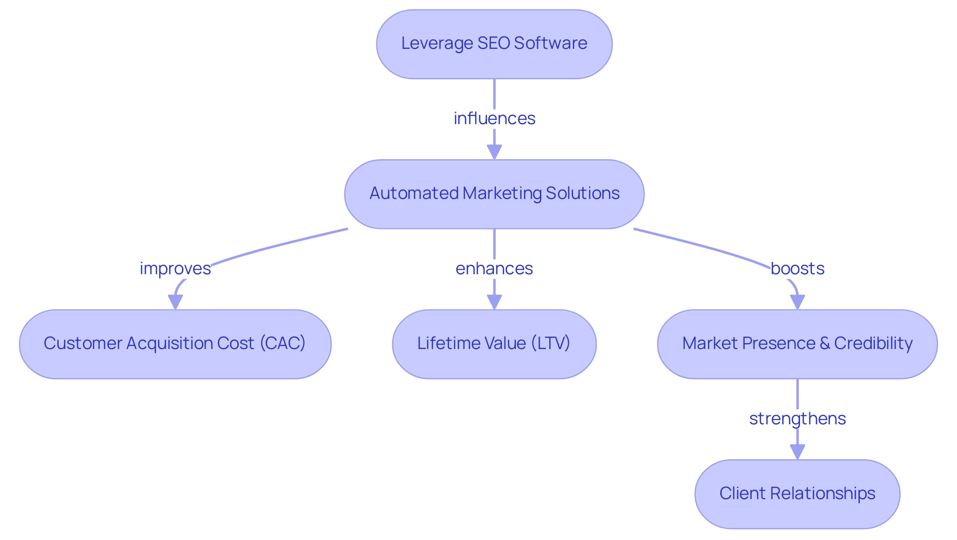 Each box represents a key concept in the agency growth process, with arrows indicating how leveraging SEO software enhances aspects such as CAC, LTV, and client relationships.