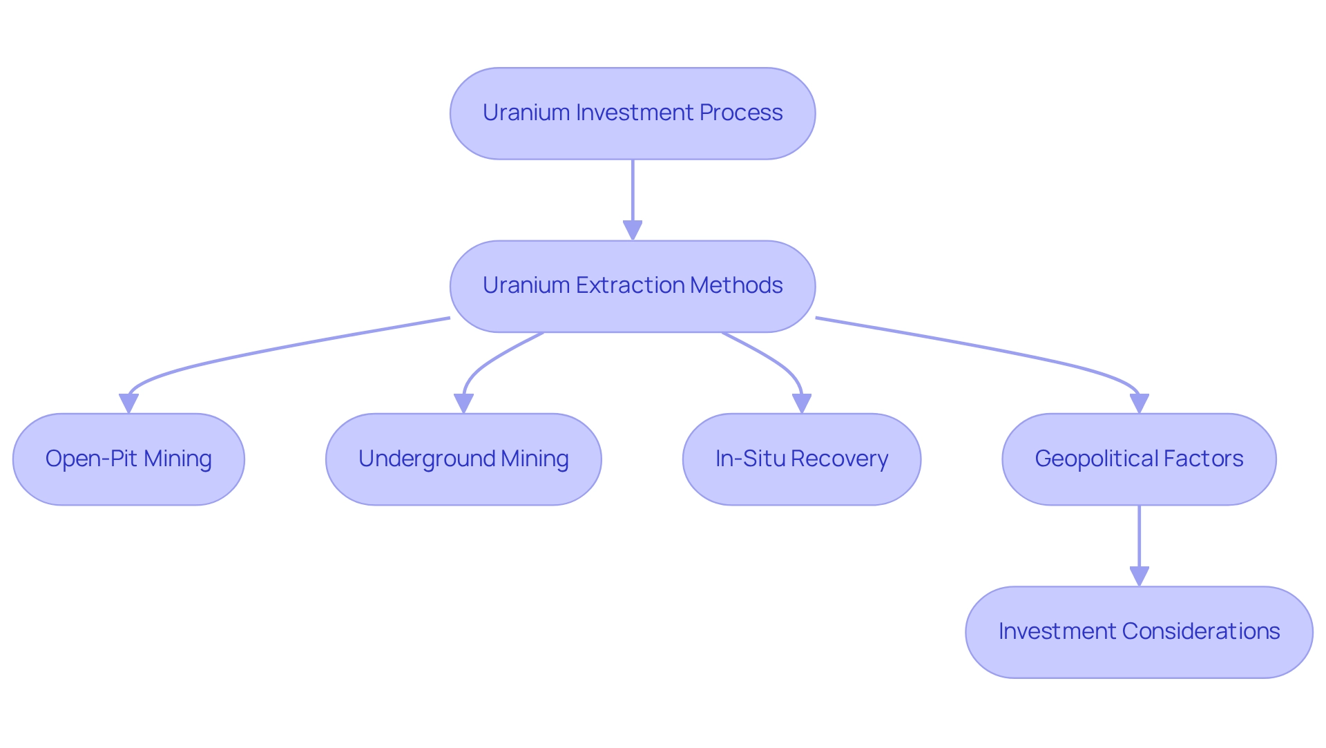Each box represents a key aspect of uranium investment and extraction, with arrows indicating the flow of information and decision-making pathways.