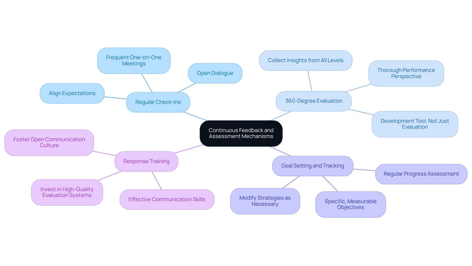 This mindmap illustrates how different strategies contribute to establishing effective feedback and assessment systems. Start at the center with the main idea, then explore each branch to see specific actions that support leadership growth.