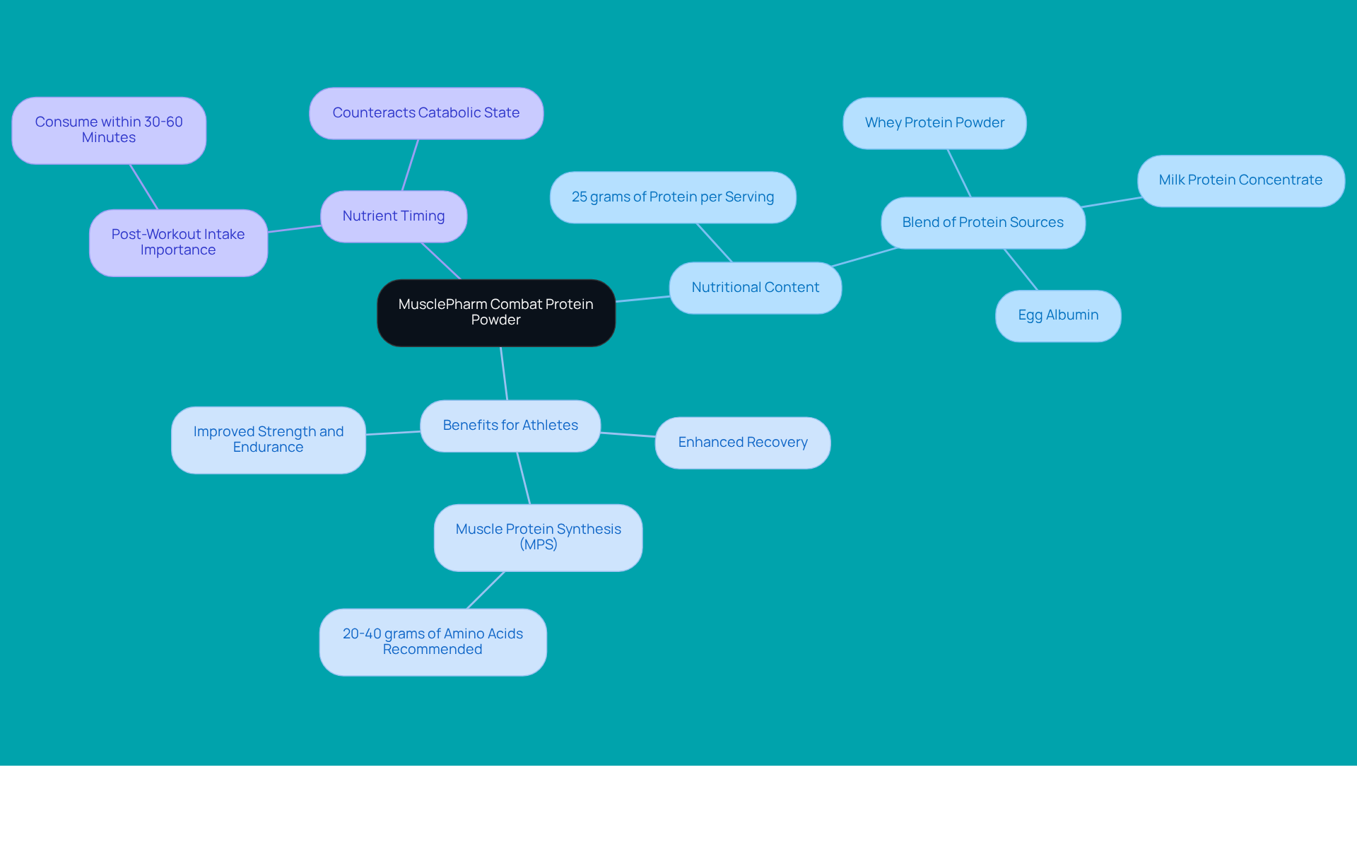 The center represents the protein powder, and the branches show its key features and benefits. Each color-coded branch helps you understand how this supplement supports recovery and performance. The center represents the protein powder, and the branches show its key features and benefits. Each color-coded branch helps you understand how this supplement supports recovery and performance.