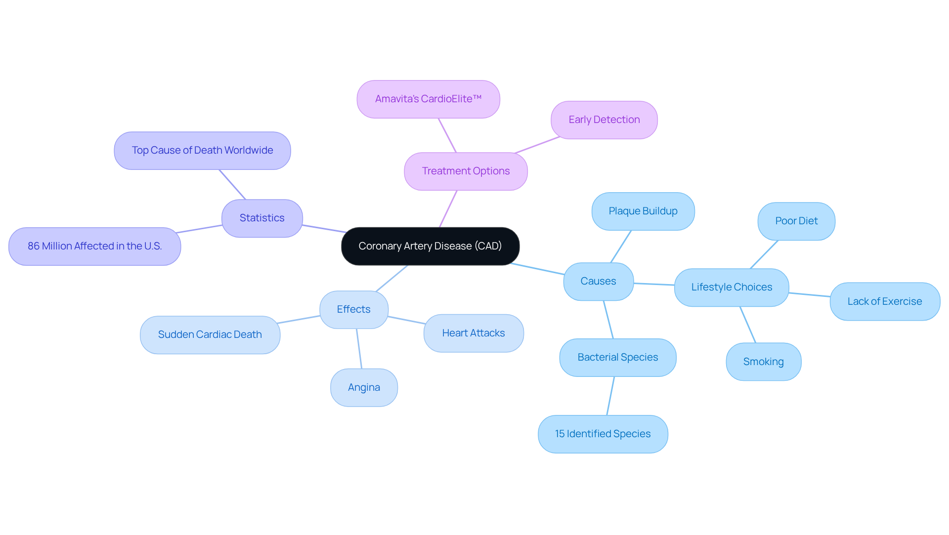 The central node represents CAD, and the branches show different aspects of the condition. Each branch connects to important details, helping you see how everything relates to heart health.
