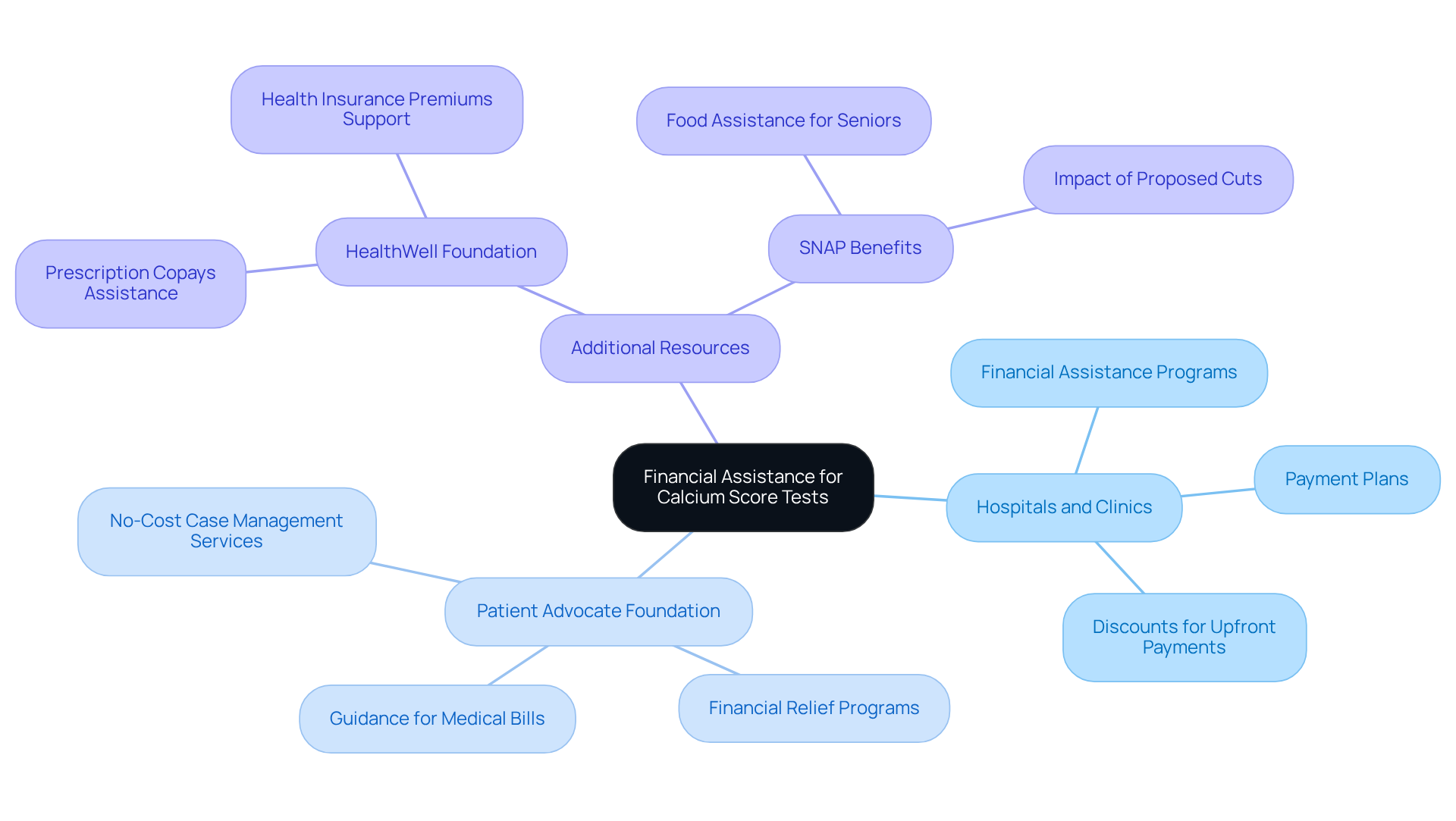 The central node represents the main topic of financial assistance, while the branches show different resources available to help manage healthcare costs. Each branch leads to specific options, making it easy to explore the support available.